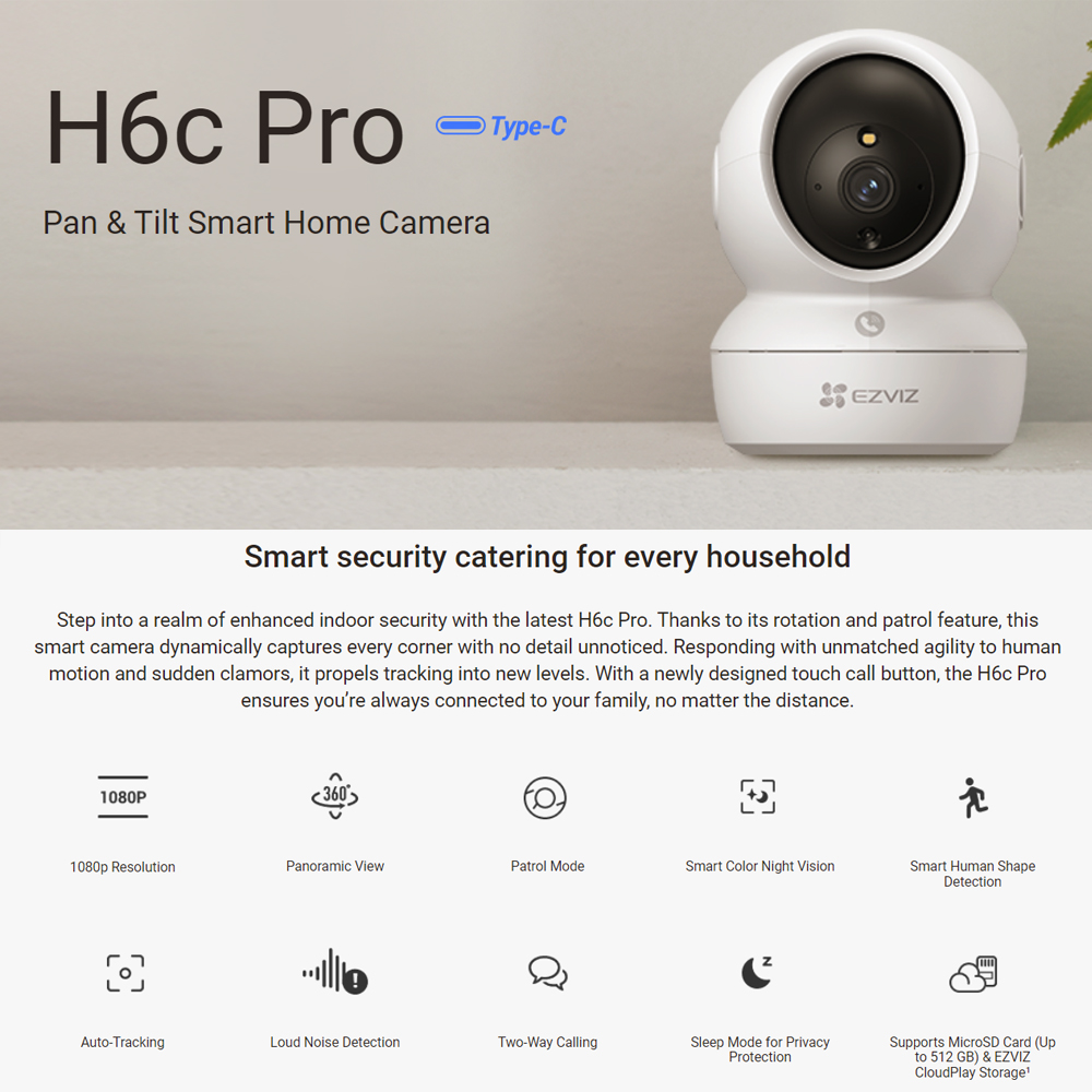 Ezviz H6C Pro 2MP Full HD 1080P Pan/Tilt Motion Detection Two Way Talk ...