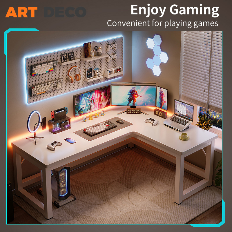 L Shape Gaming Table Corner Desk White Computer Table Meja Komputer ...