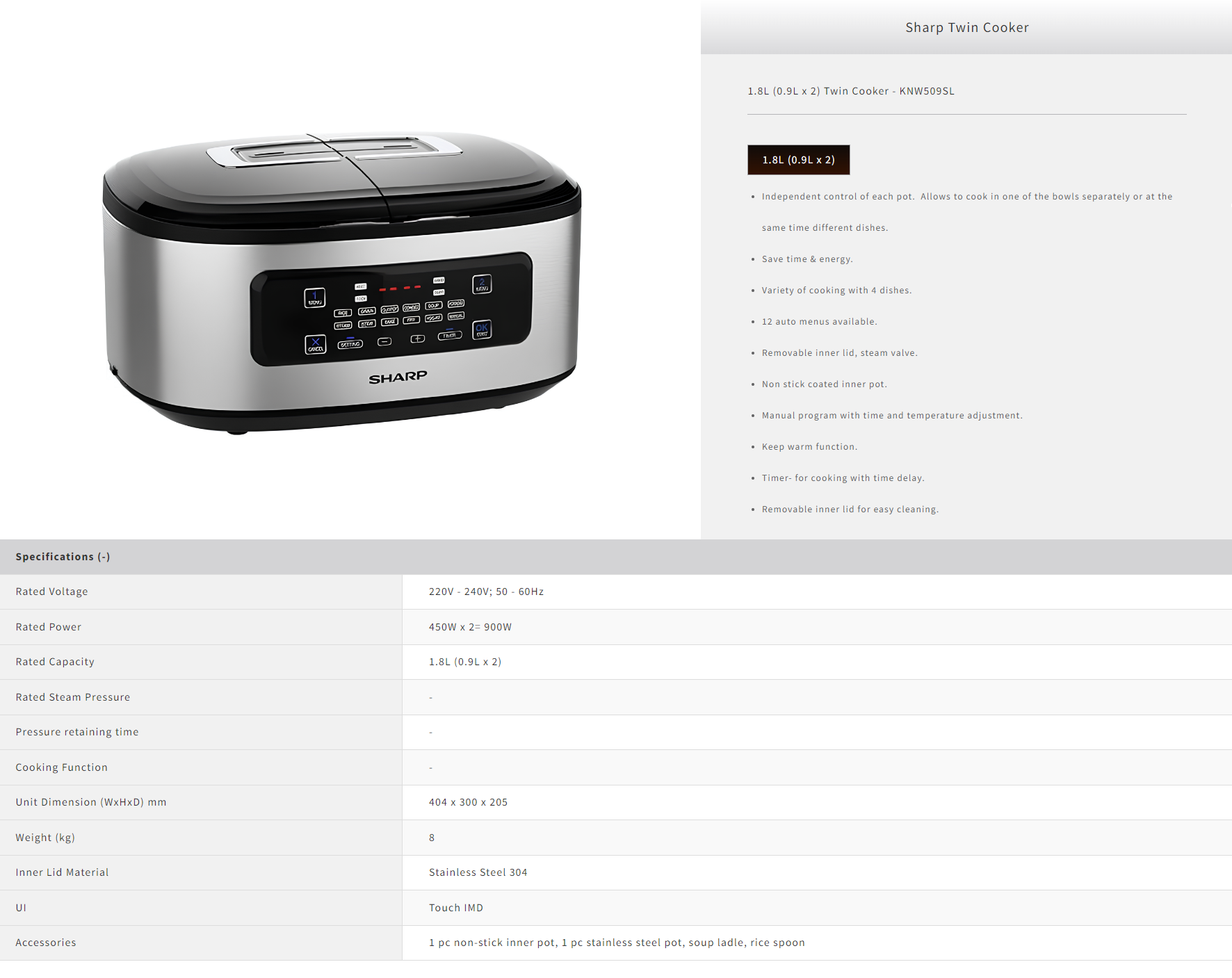 Sharp Twin Cooker 1.8L 0.9L x 2 Rice Cooker Multicooker With Food ...