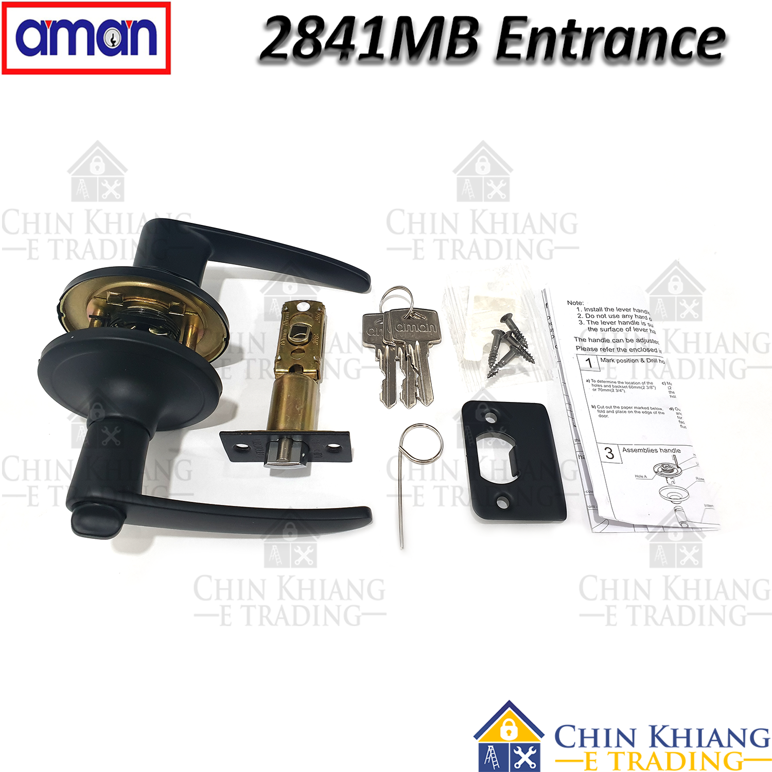 Aman 2841 Entrance or 2842 Privacy Tubular Handle Leverset Lockset Matt Black Adjustable Backset ...