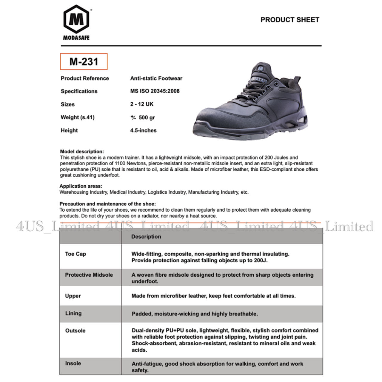 Modasafe M-231 Anti-static Low Cut 4.5" Laces-Up Safety Shoes (Sirim ...
