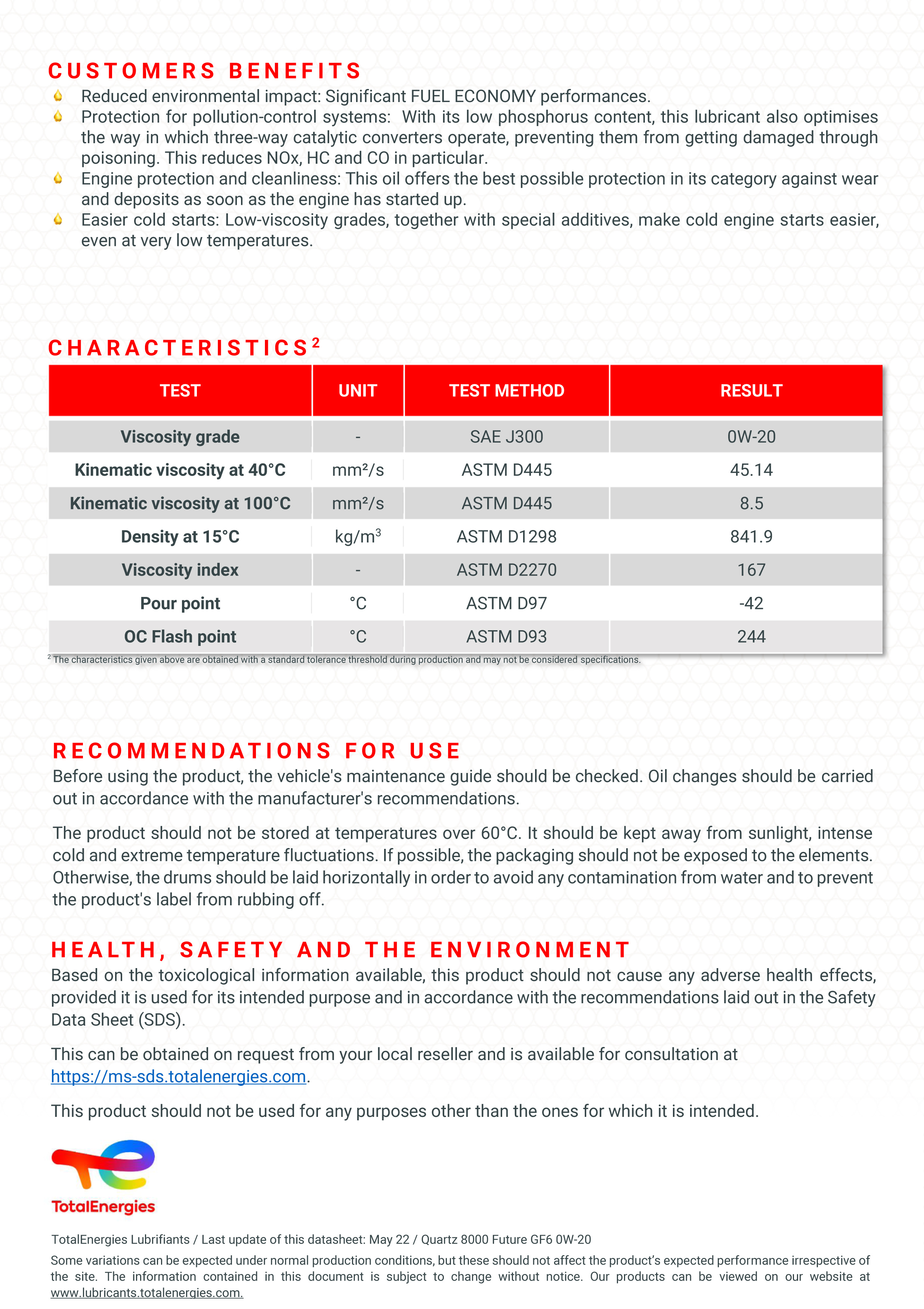 TotalEnergies Quartz 8000 Future GF6 0W-20 3L Fully Synthetic for ...