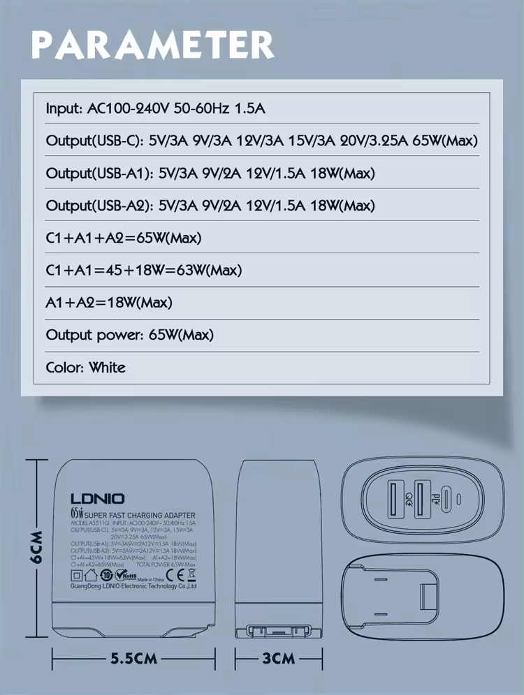 LDNIO® 65W GaN Super Fast Charge A3511Q USB Charger PD + QC3.0 ...