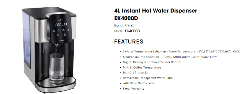 KHIND 4.0L Instant Boiler Hot Water Dispenser Air Panas dan Air Sejuk ...