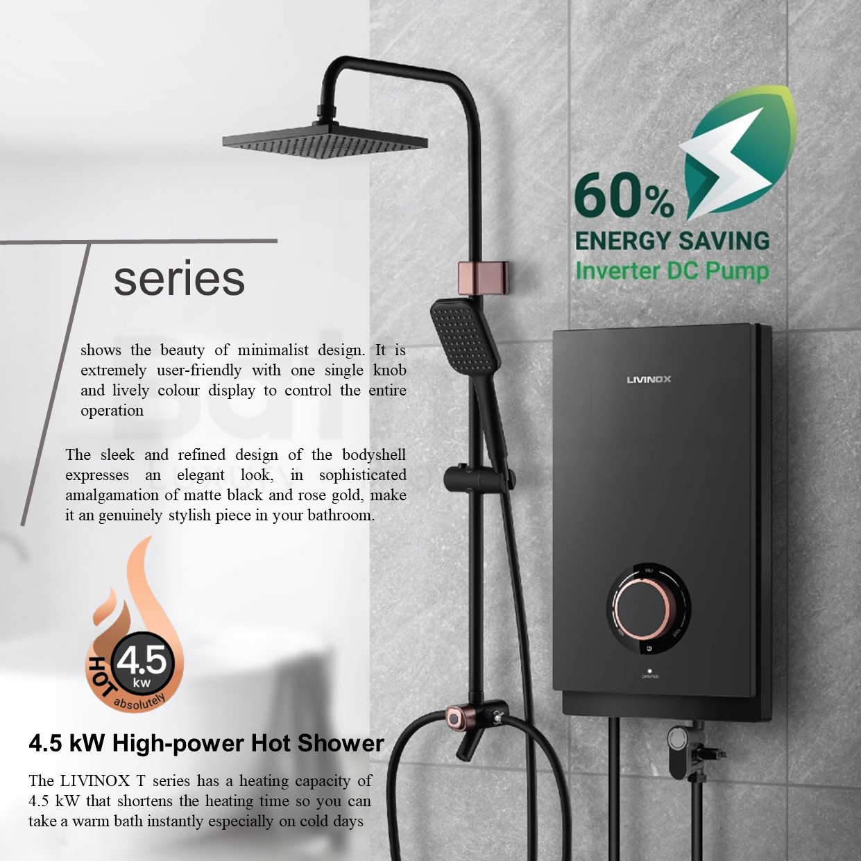 LIVINOX T-Series Inverter DC Motor Instant Water Heater Rain Shower ...