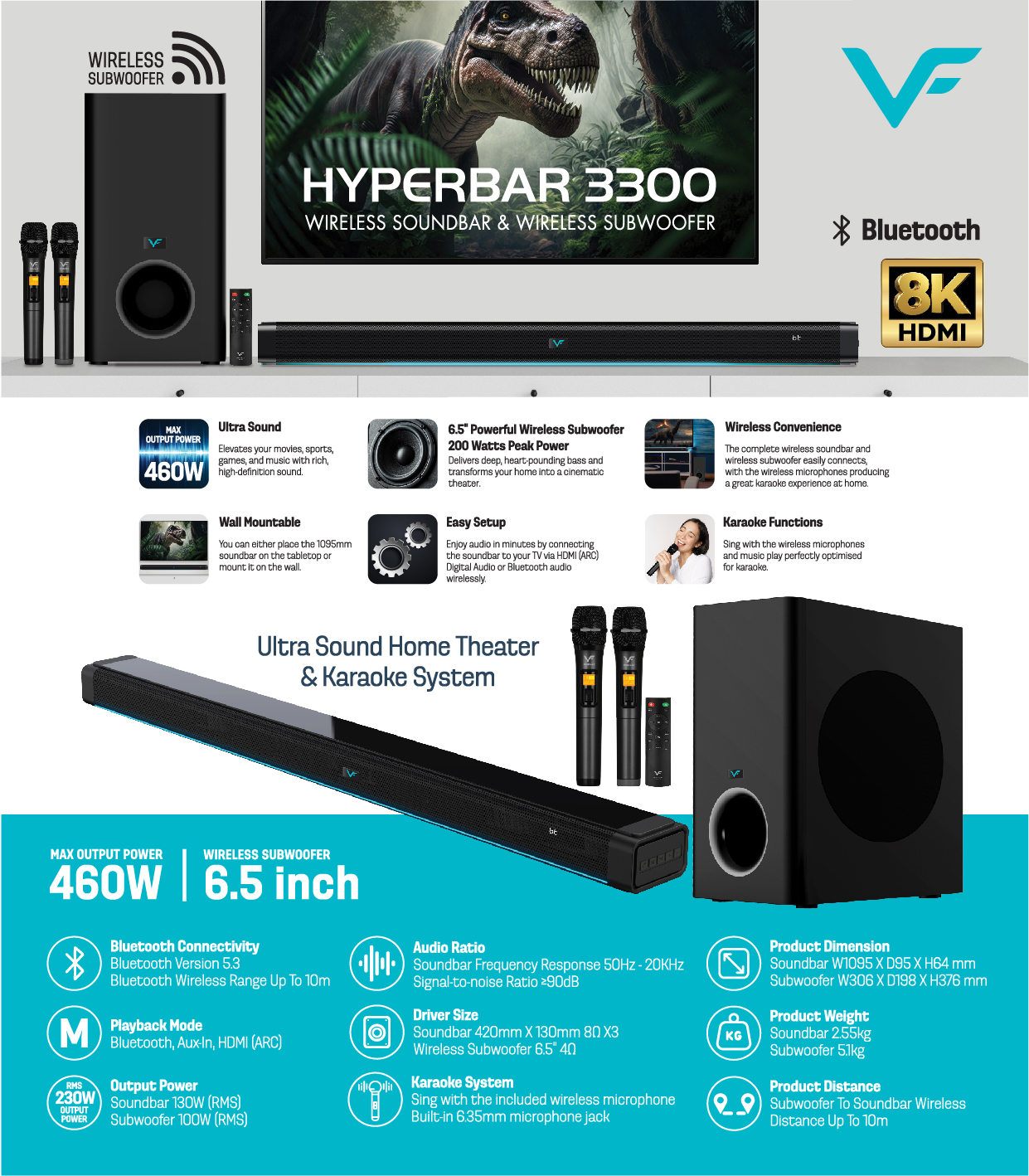 Vinnfier VF Hyperbar 3300 MAX 460W Home TV Karaoke Set Soundbar Speaker ...