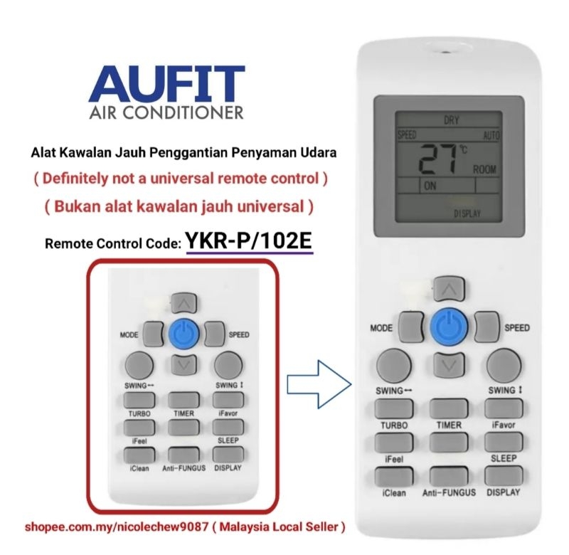 Compatible Aufit air conditioner Replacement Remote Control YKR-P/102E ...