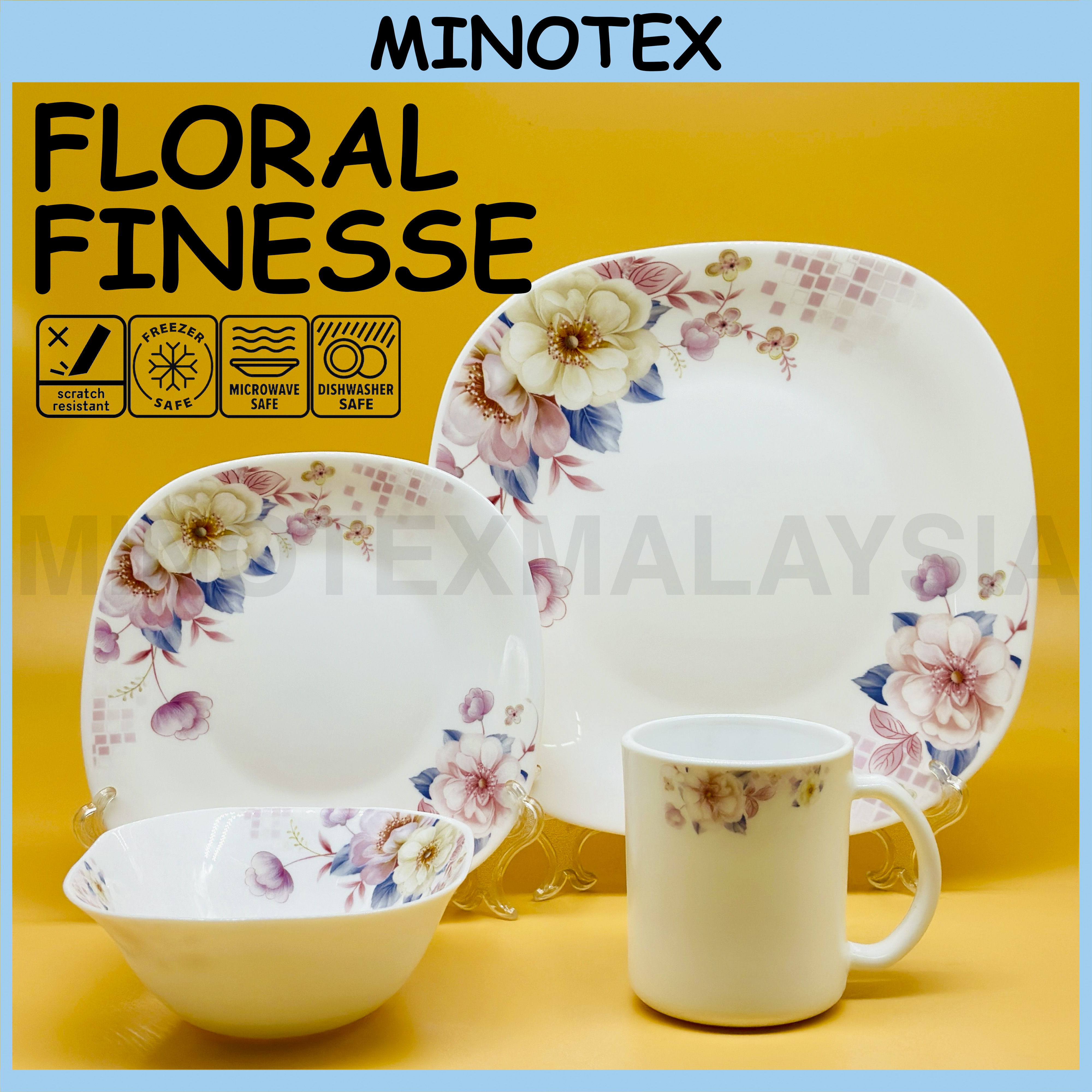 Minotex 16pcs (4 pax) Opal Dinner Set with Mug / Pinggan Mangkuk Set ...