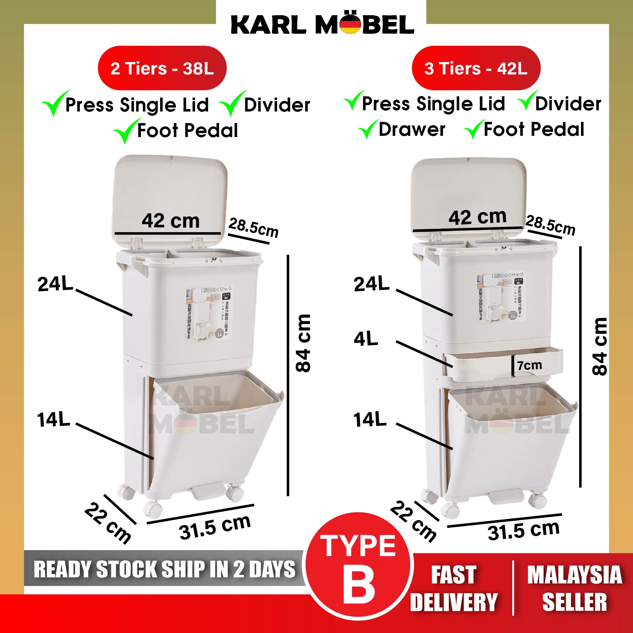 Dustbin Kitchen Moveable Rubbish Bin Tong sampah dapur bertutup tinggi ...