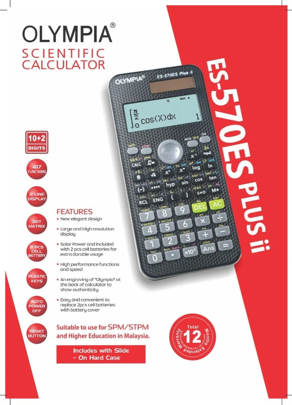 OLYMPIA ES-570ES PLUS ii Scientific Calculator with 10+2 Digits, 417 Functions & 2-Line Display ...