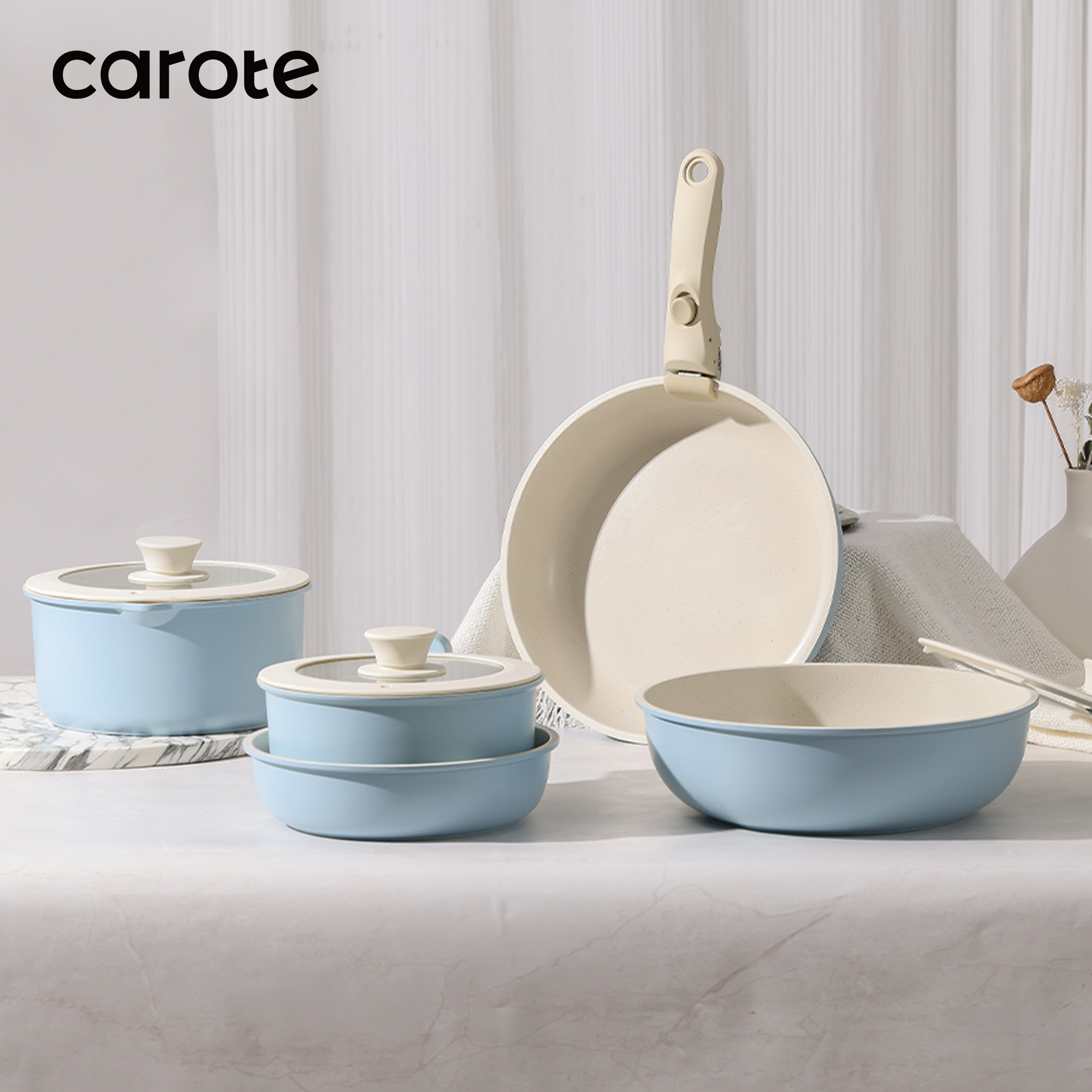 Carote Nonstick Cookware Set Gradient Blue 11Pcs Handle Removable Non ...