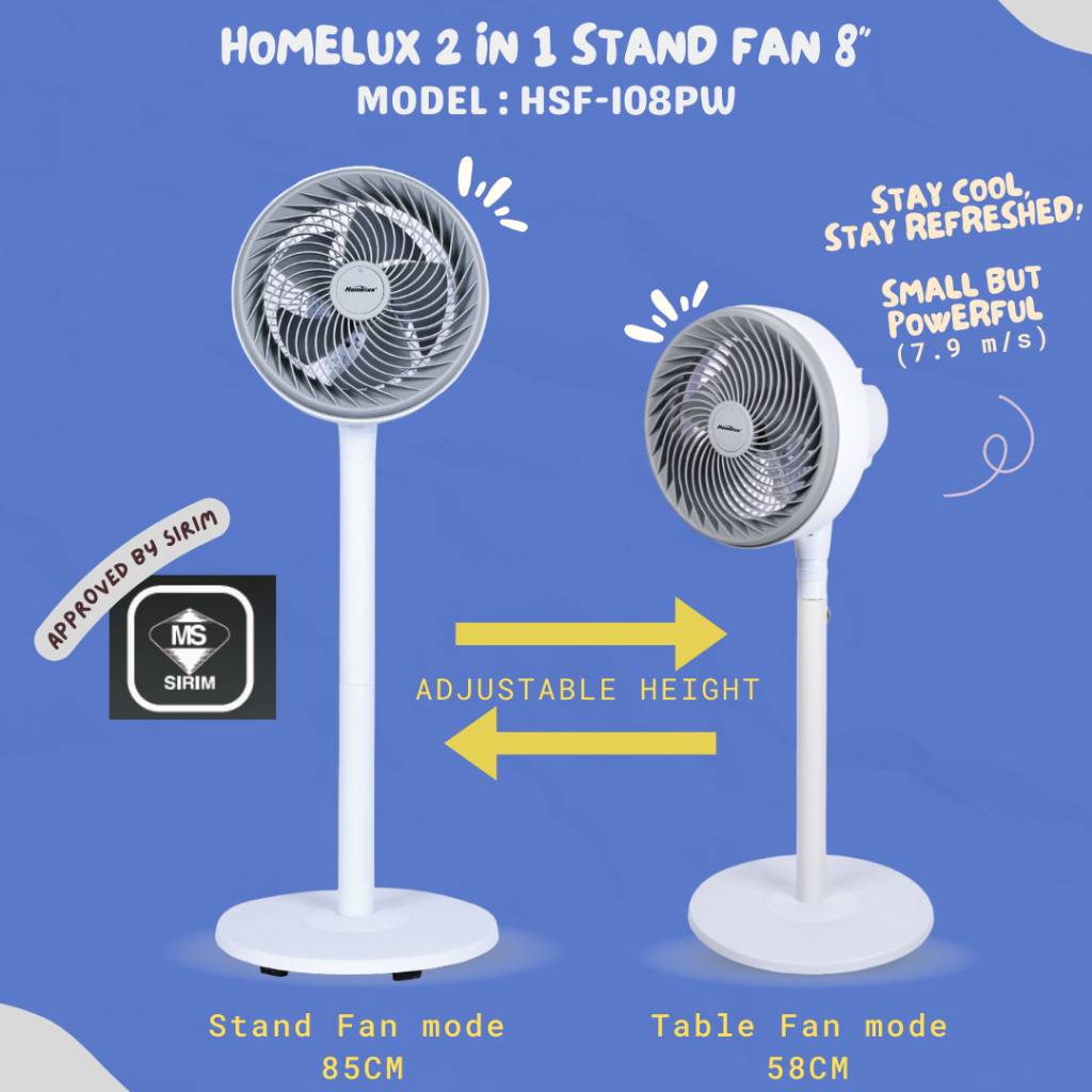 Homelux 8" 12" Turbo Fan Stand Fan Table Fan Powerful 2 In 1 Adjustable ...