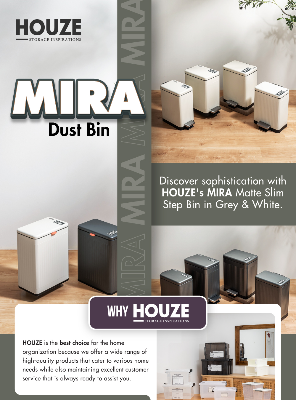HOUZE Mira Matte Slim Step Bin - Grey/White (8L/10L/15L) | Shopee Malaysia