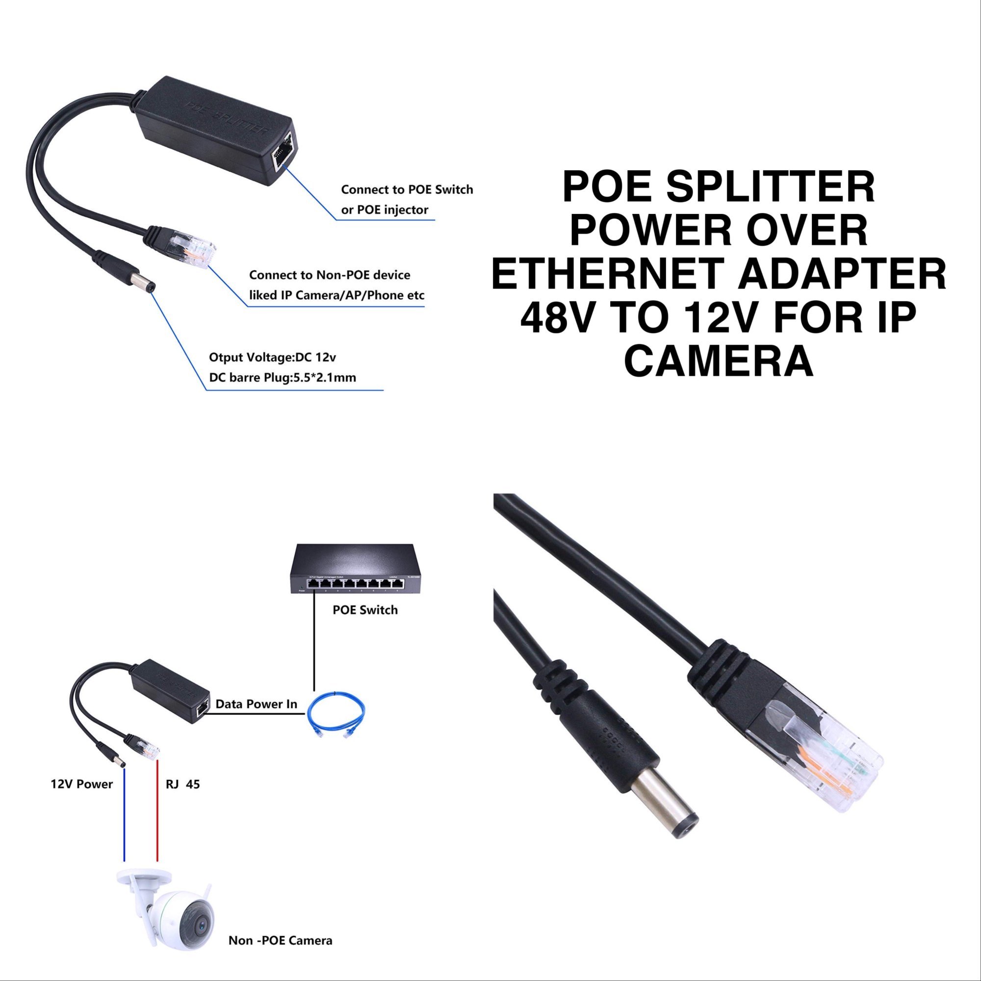POE Splitter For CCTV IP Phone 48V to 12V DC 2A & RJ45 PoE Splitter ...