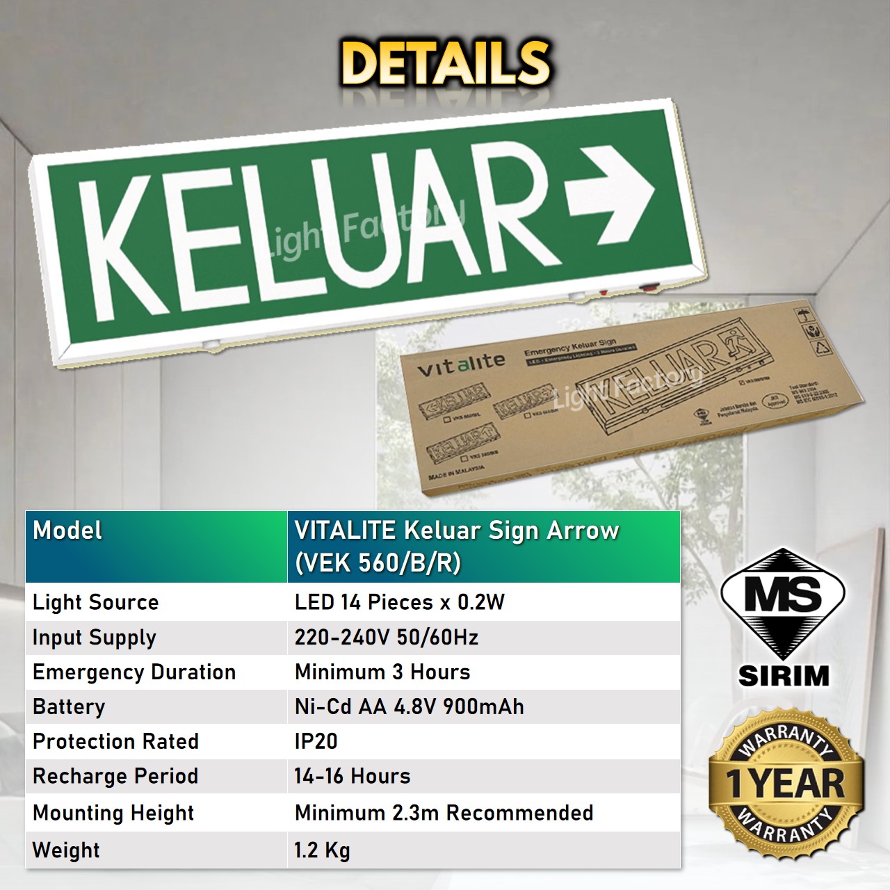 [SIRIM & BOMBA Approved] LED KELUAR SIGN VITALITE VKS560/B/R Emergency ...