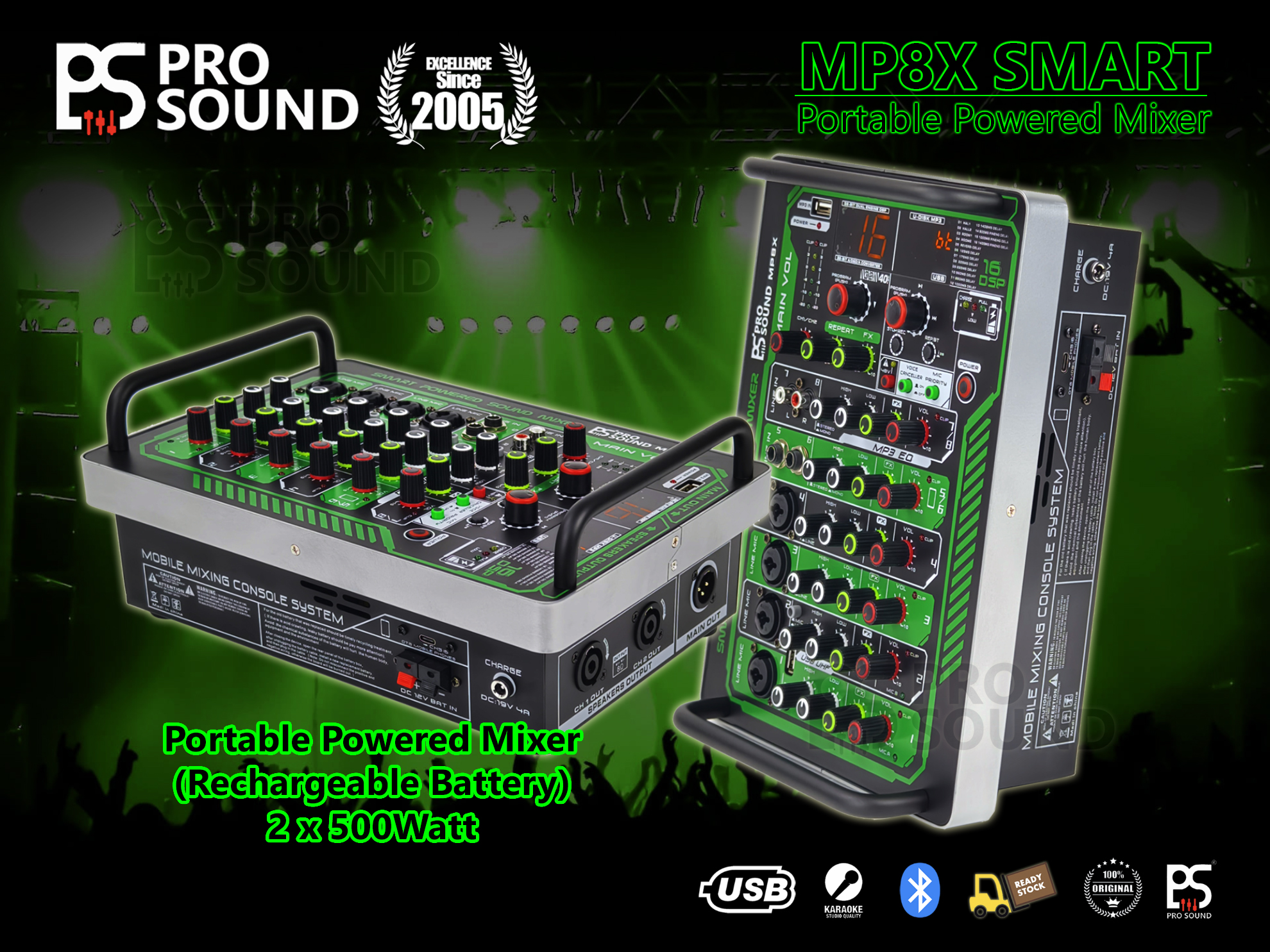 PS Pro Sound MP8X Portable Powered Mixer (Built-In Rechargeable Battery ...