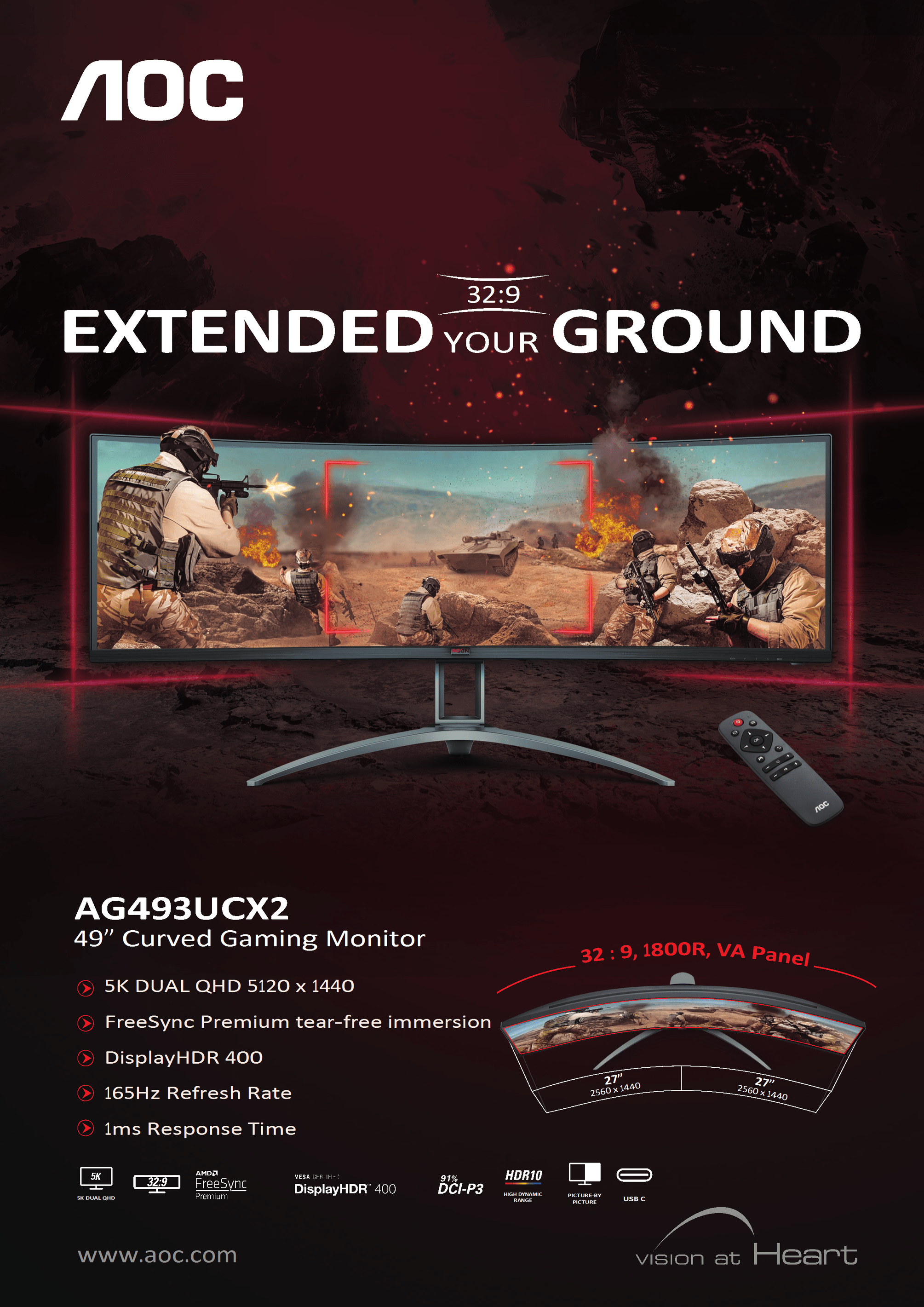 AOC 49" AG493UCX2 5K DUALQHD 165Hz 1ms HDR400 (HDMI DP USB-C) Gaming ...