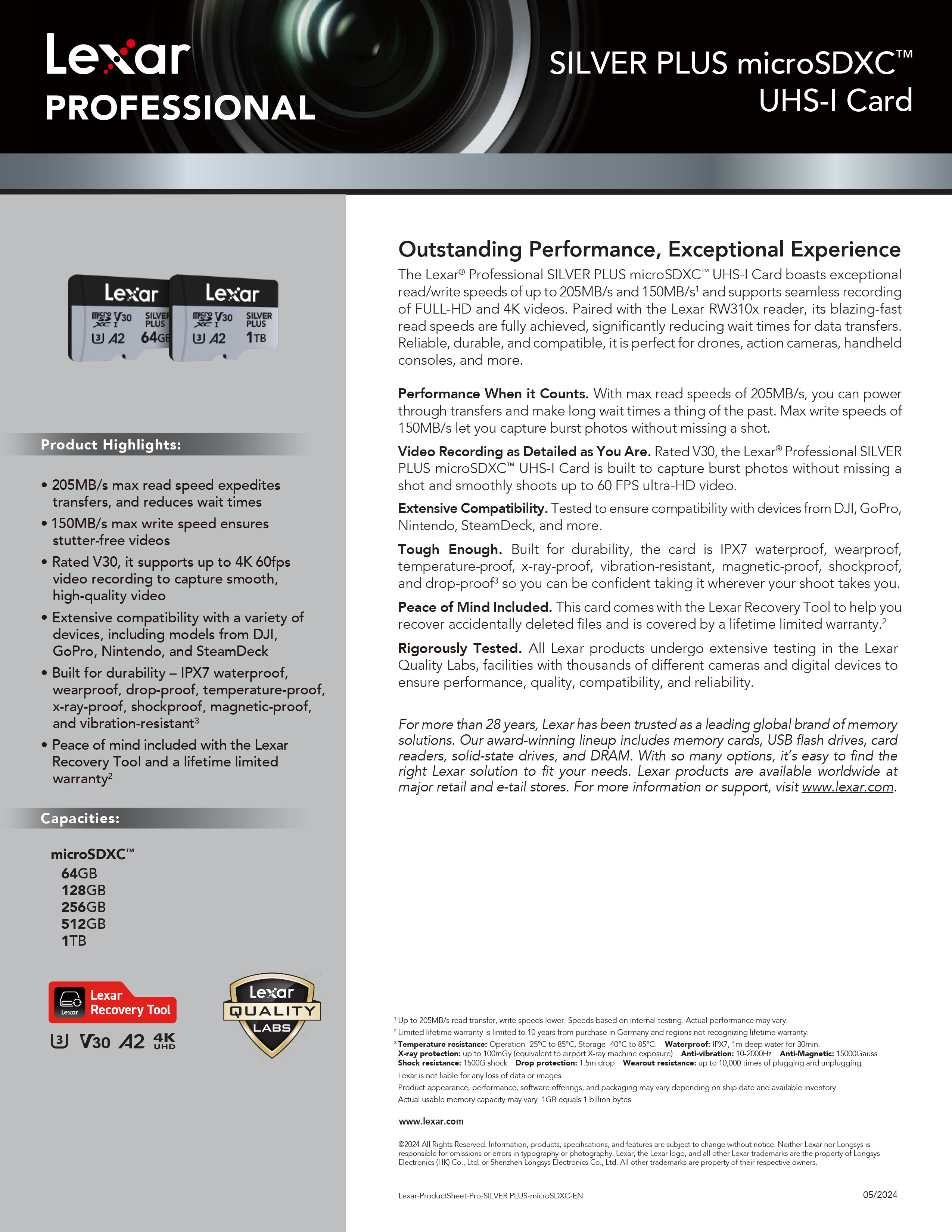 Lexar Professional Silver Plus micro SDXC UHS-I Card 64GB/128GB/256GB/512GB/1TB up to 205MB/s ...