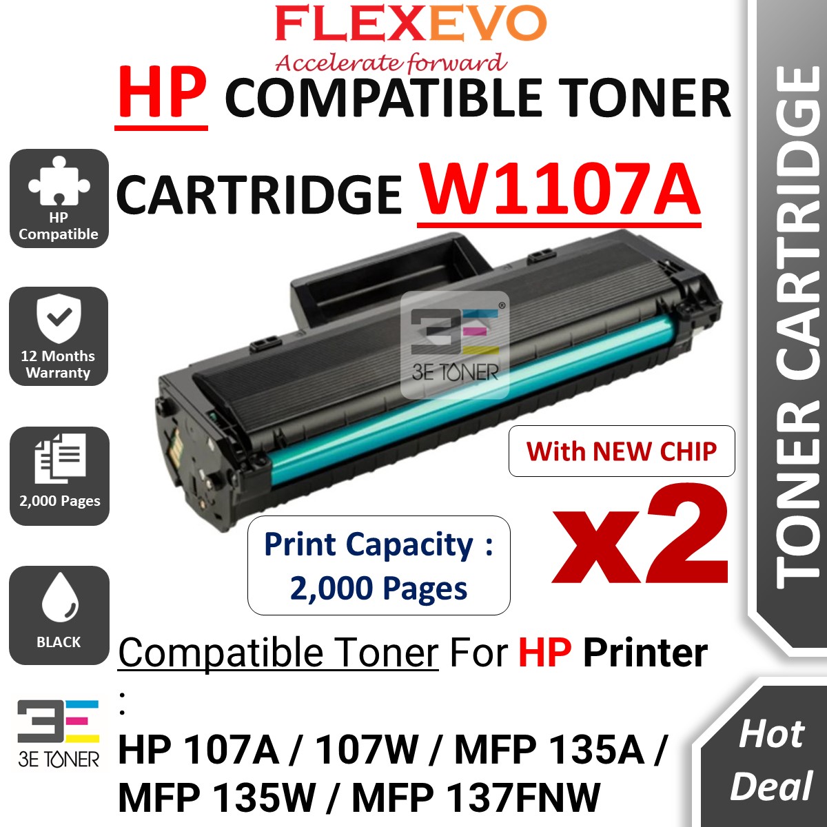 Value Pack 2 Units Compatible HP W1107A 107A 1107 with NEW CHIP Toner ...