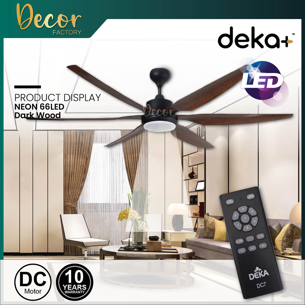 DEKA Fan DEKA+ NEON 66" 6 Blades 16 Speed DC Motor Remote Control ...