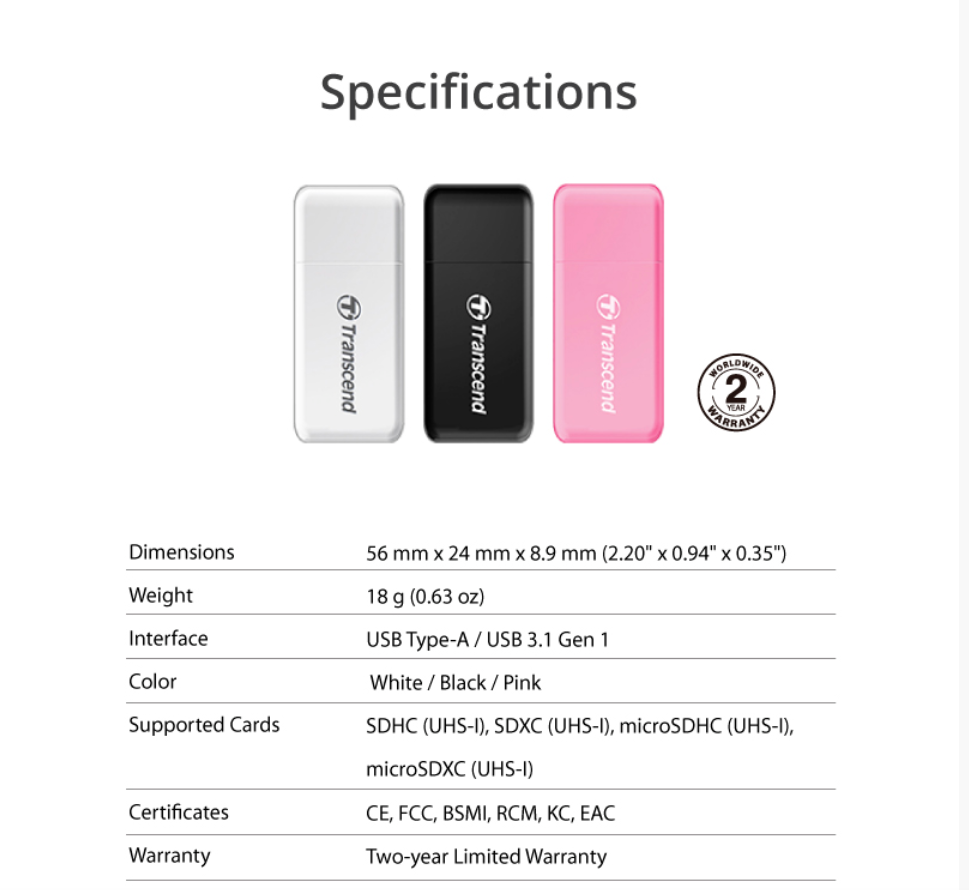 Transcend RDF5 Card Reader SD/microSD | USB 3.1 Type A (Black/Red/White ...