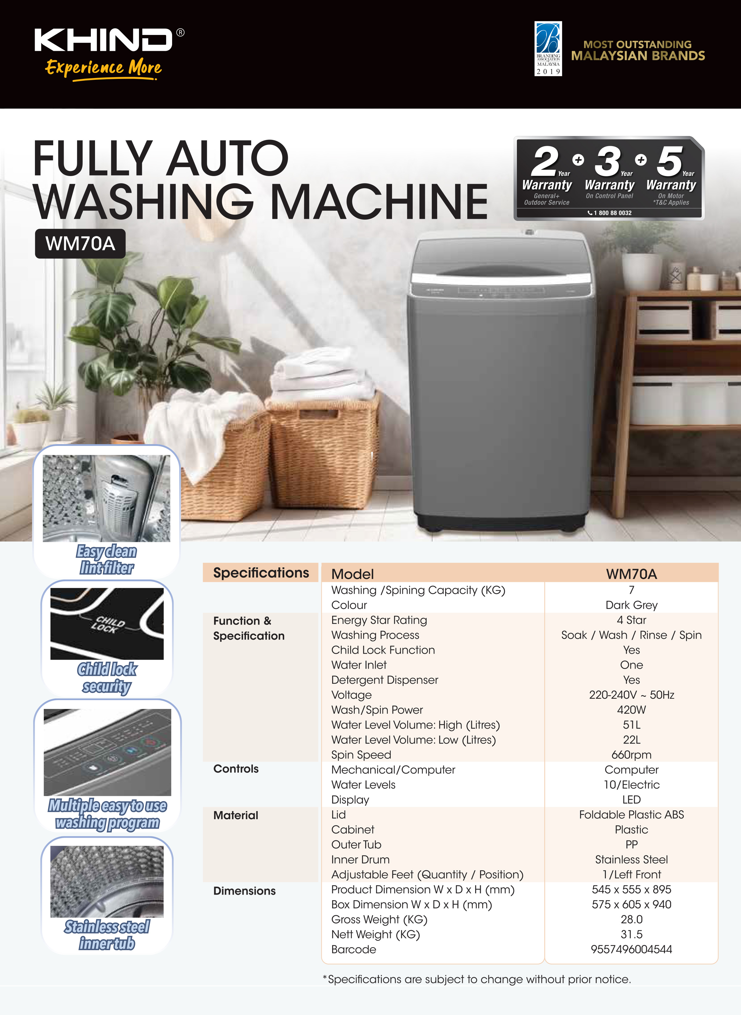 Khind 7KG Fully Auto Washing Machine Top Load Mesin Basuh WM70A ...