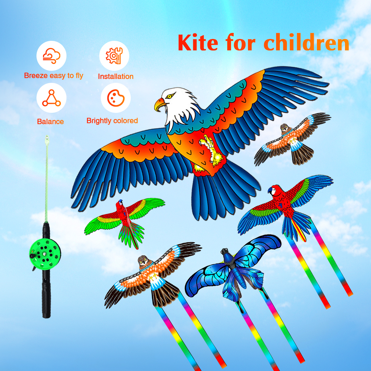 30M string Cartoon Bird Kite For Kid Fishing Rod Kite Breeze Easy Fly ...
