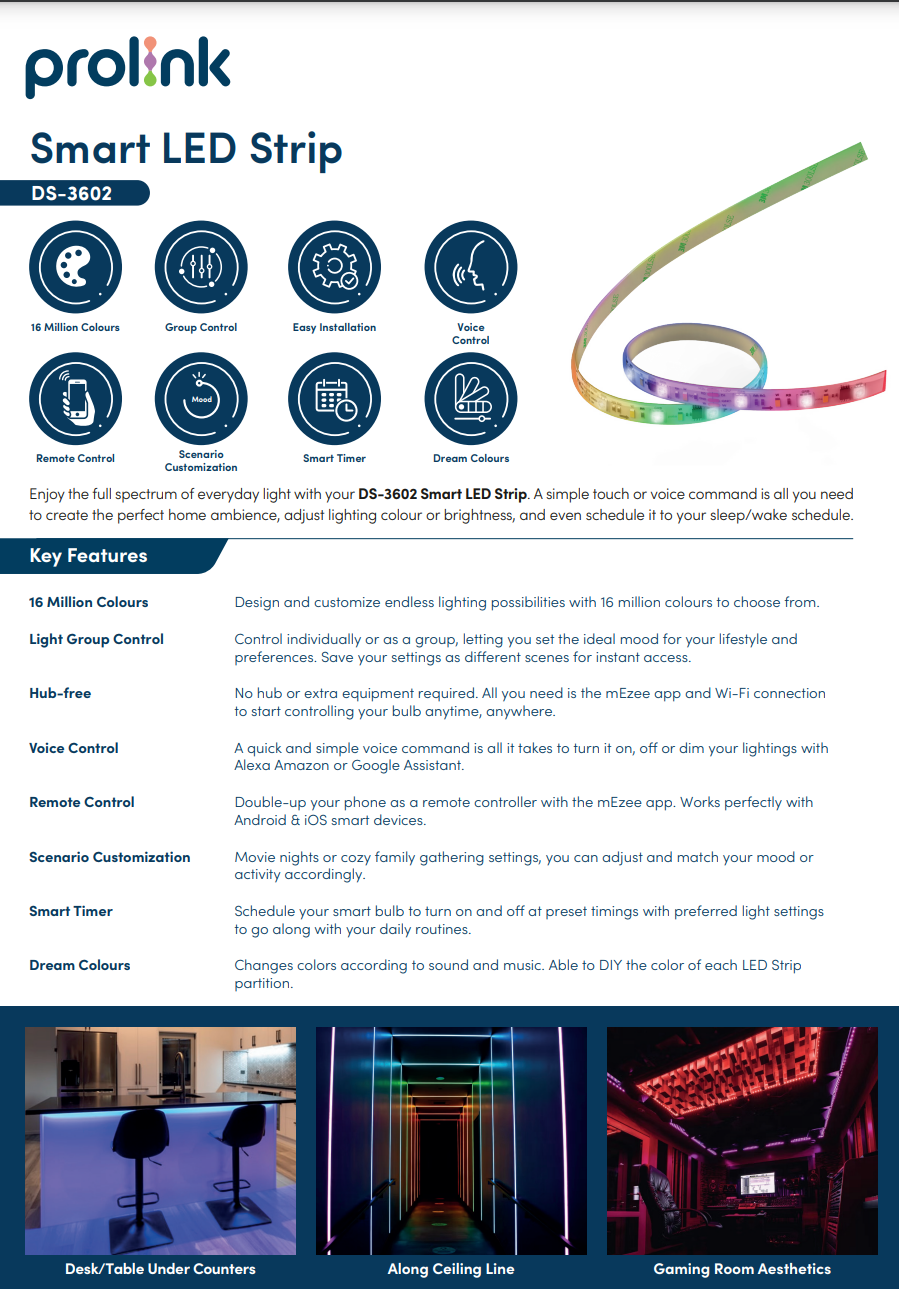 Prolink 2M RGBIC Smart LED Strip IP44 Water Resistant Colour Adjustable ...