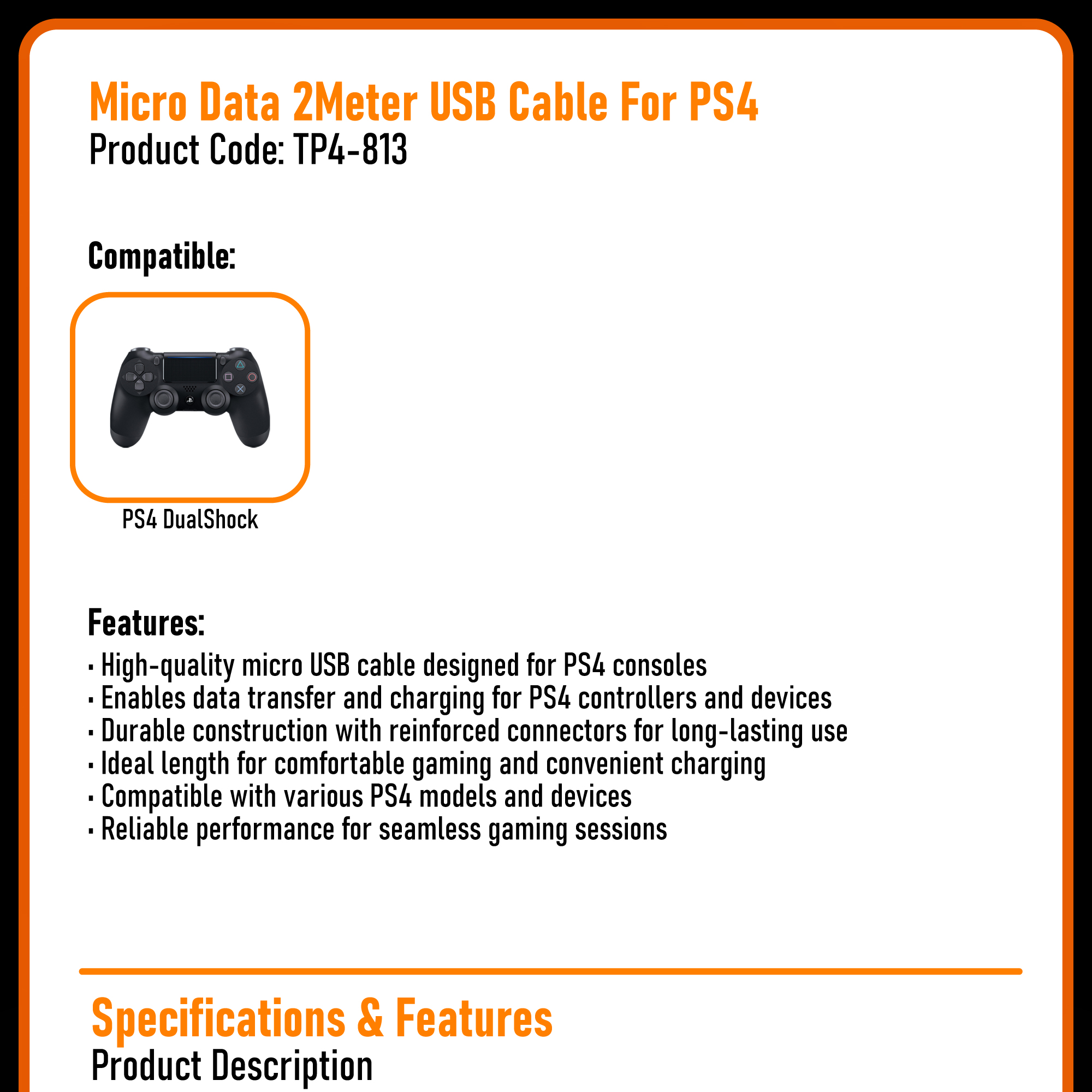 DOBE PS4 DualShock4 Controller Micro USB Charging Data Cable 2 Meter ...