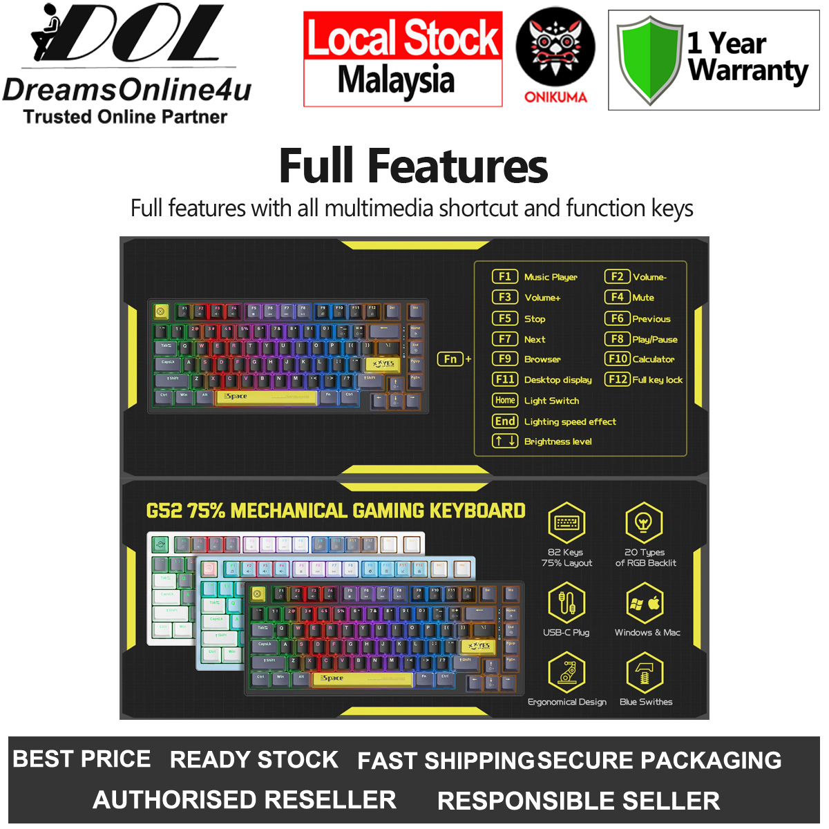 ONIKUMA G52 Compact Detachable USB Wired 82-Key Brown Switch Anti-Ghosting RGB Mechanical ...