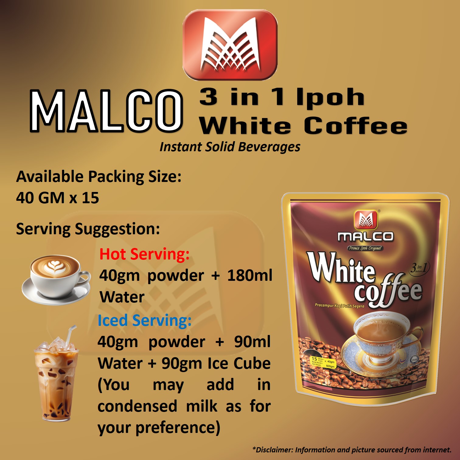 3 in 1 Ipoh White Coffee | 40gm x 15 Sachets | MALCO | HALAL | Instant | Premixed | 3 + 1 ...