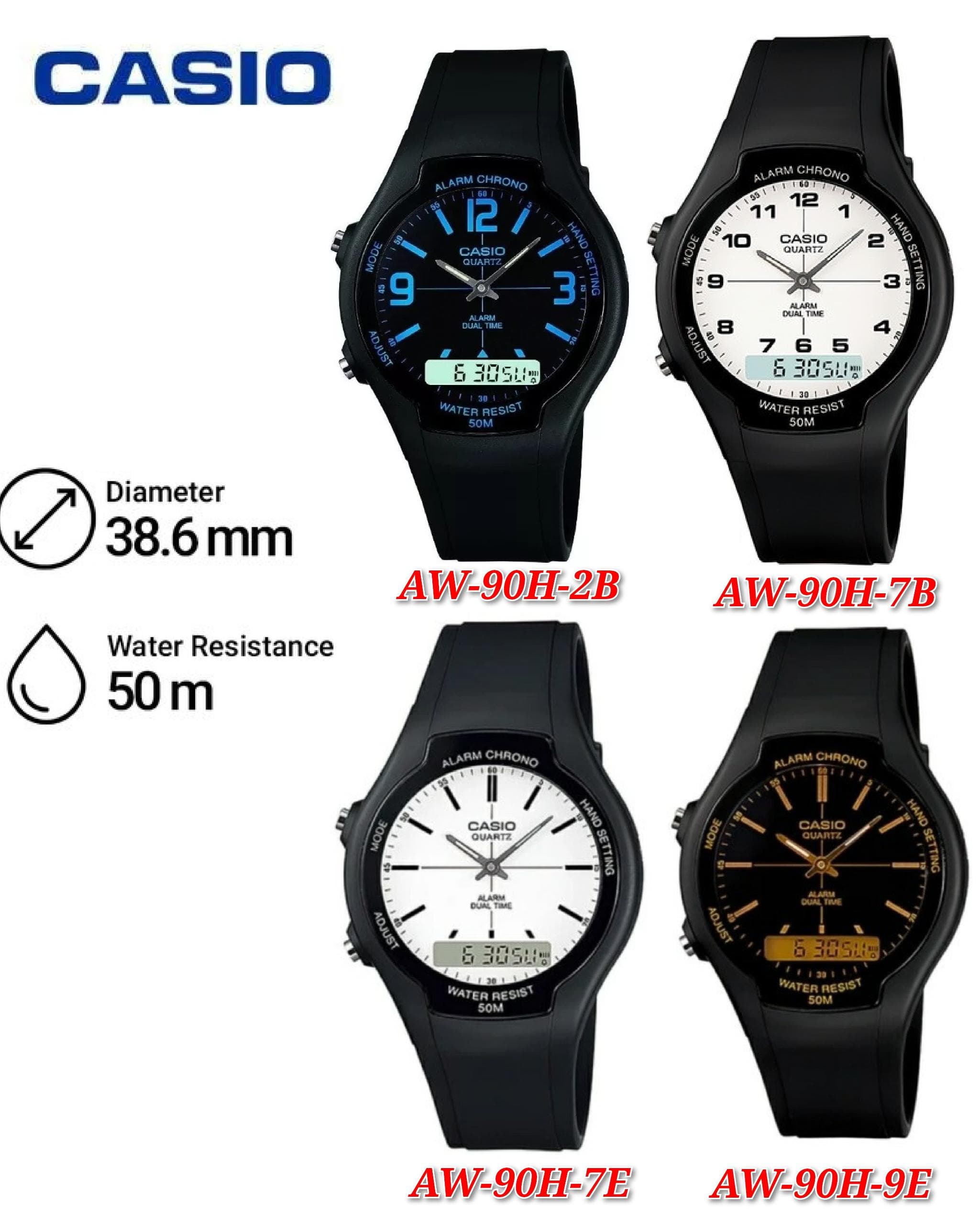 Casio AW-90H Men Analog Digital Dual Time Black Resin Band Watch ...