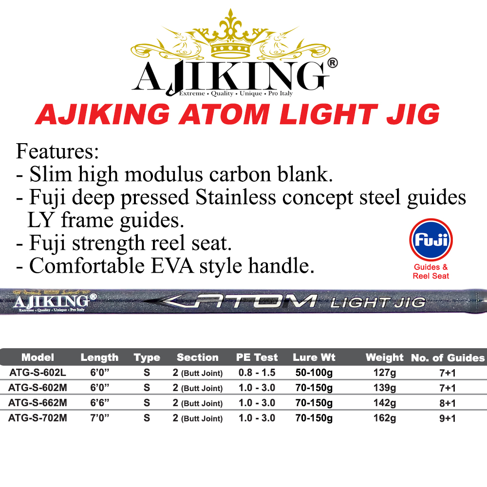 Ajiking Atom Light Jig Jigging [6'0ft-7'0ft]Spinning Fishing Rod Butt ...