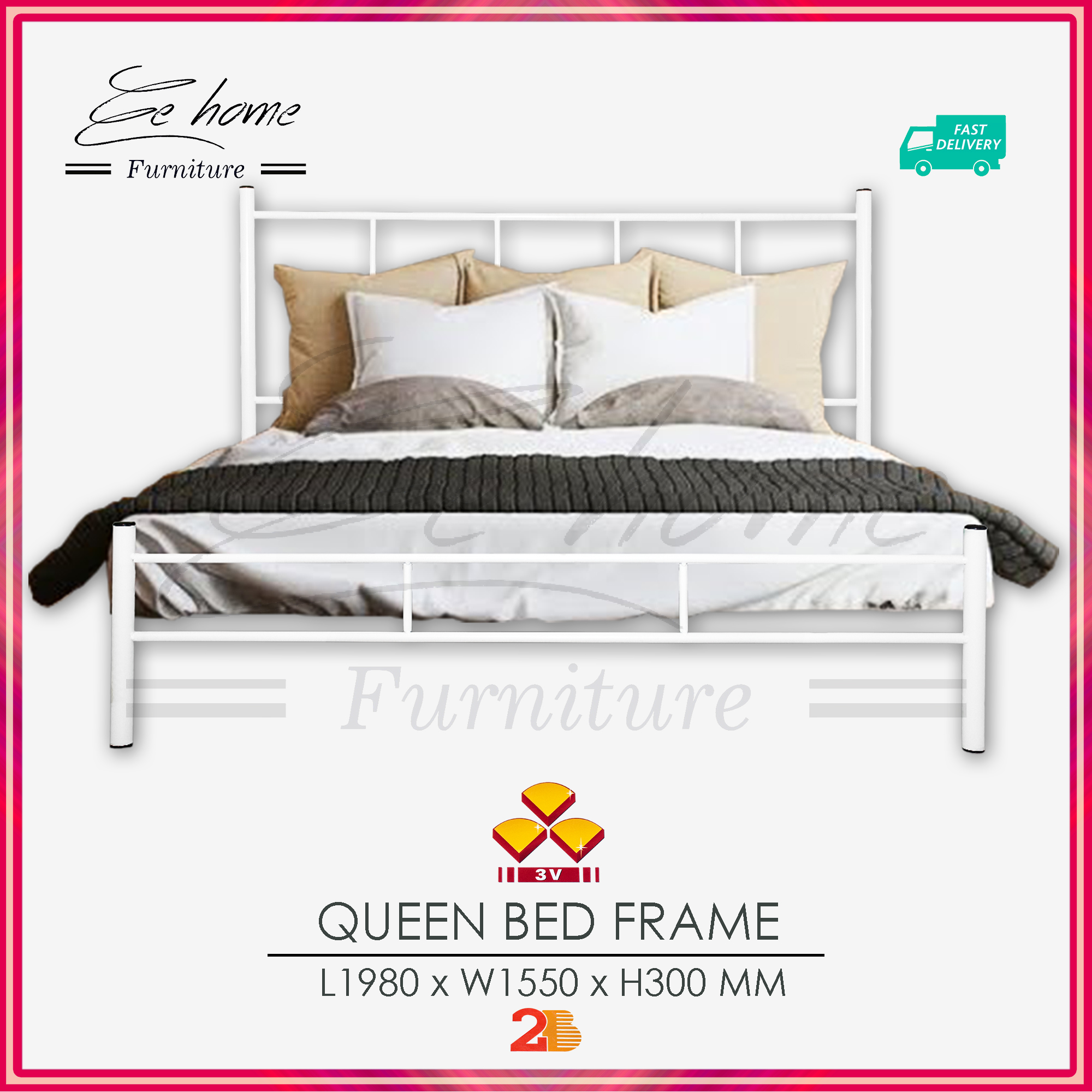 EE HOME 3V Powder Coat Metal Double Bed Frame Queen Size Frame Katil ...