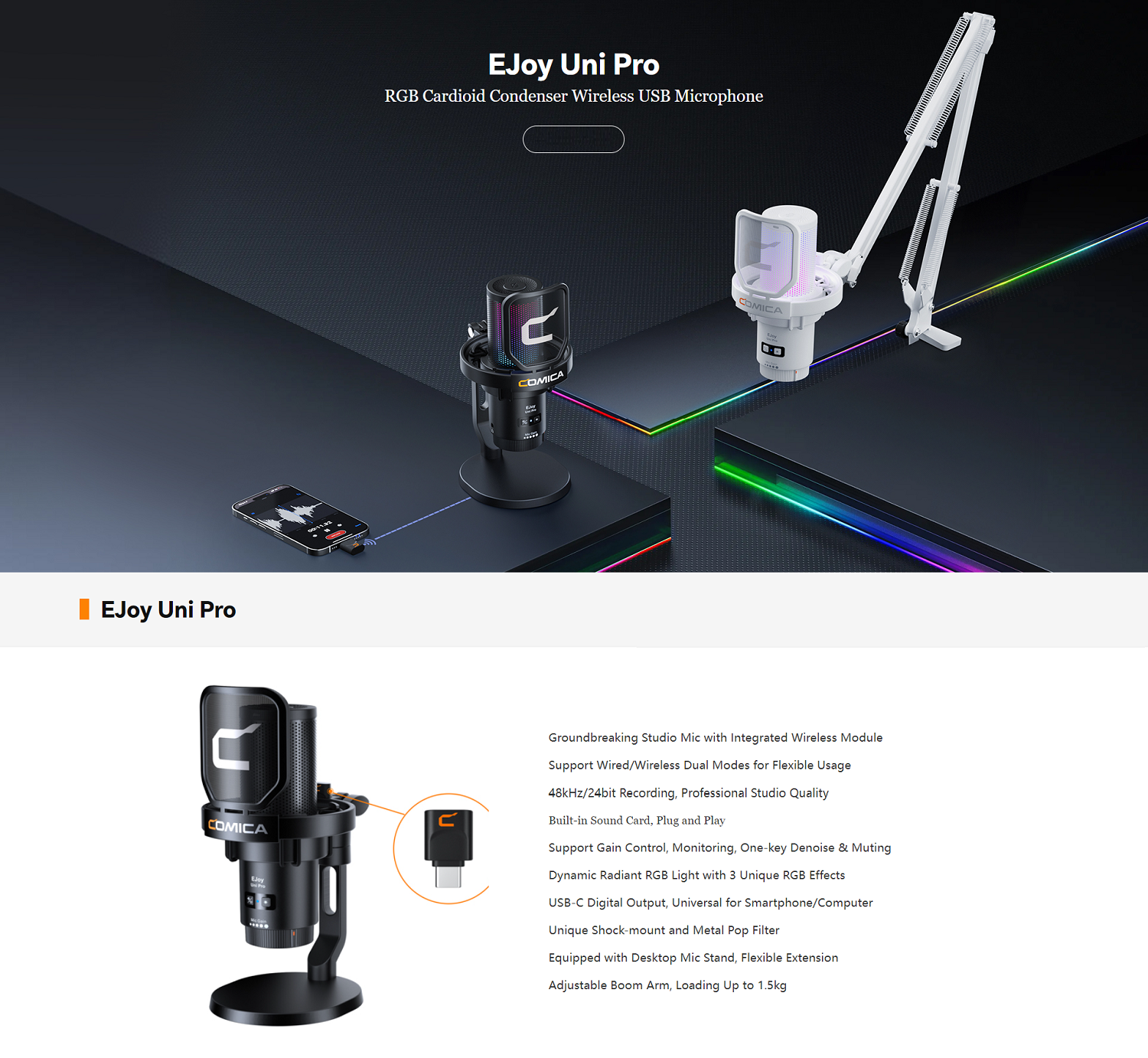 COMICA EJOY UNI PRO (D) RGB CARDIOID CONDENSER WIRELESS USB MICROPHONE ...
