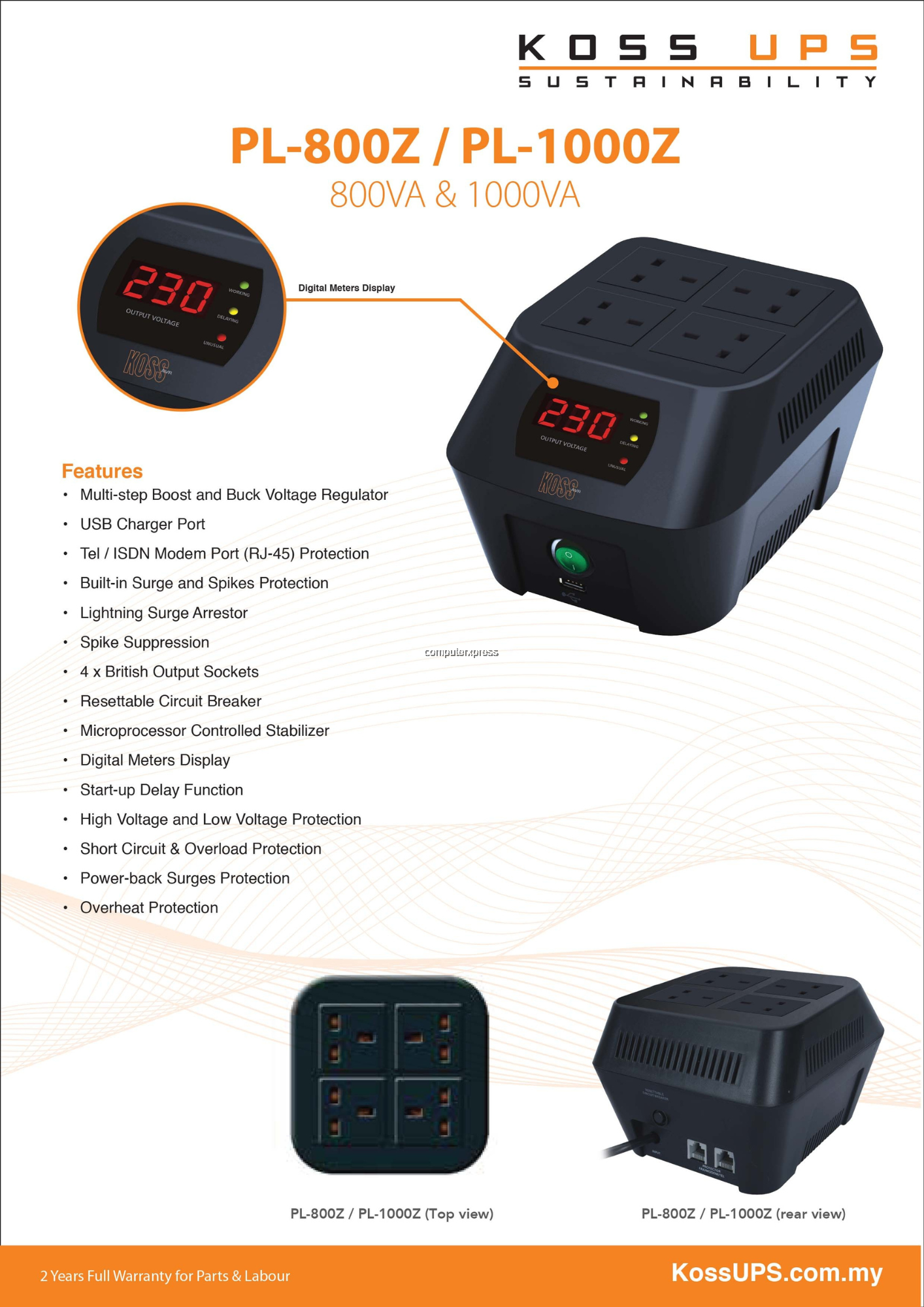 KOSS AVR PL-1000Z 1000VA / PL-800Z 800VA AVR AUTOMATIC VOLTAGE ...