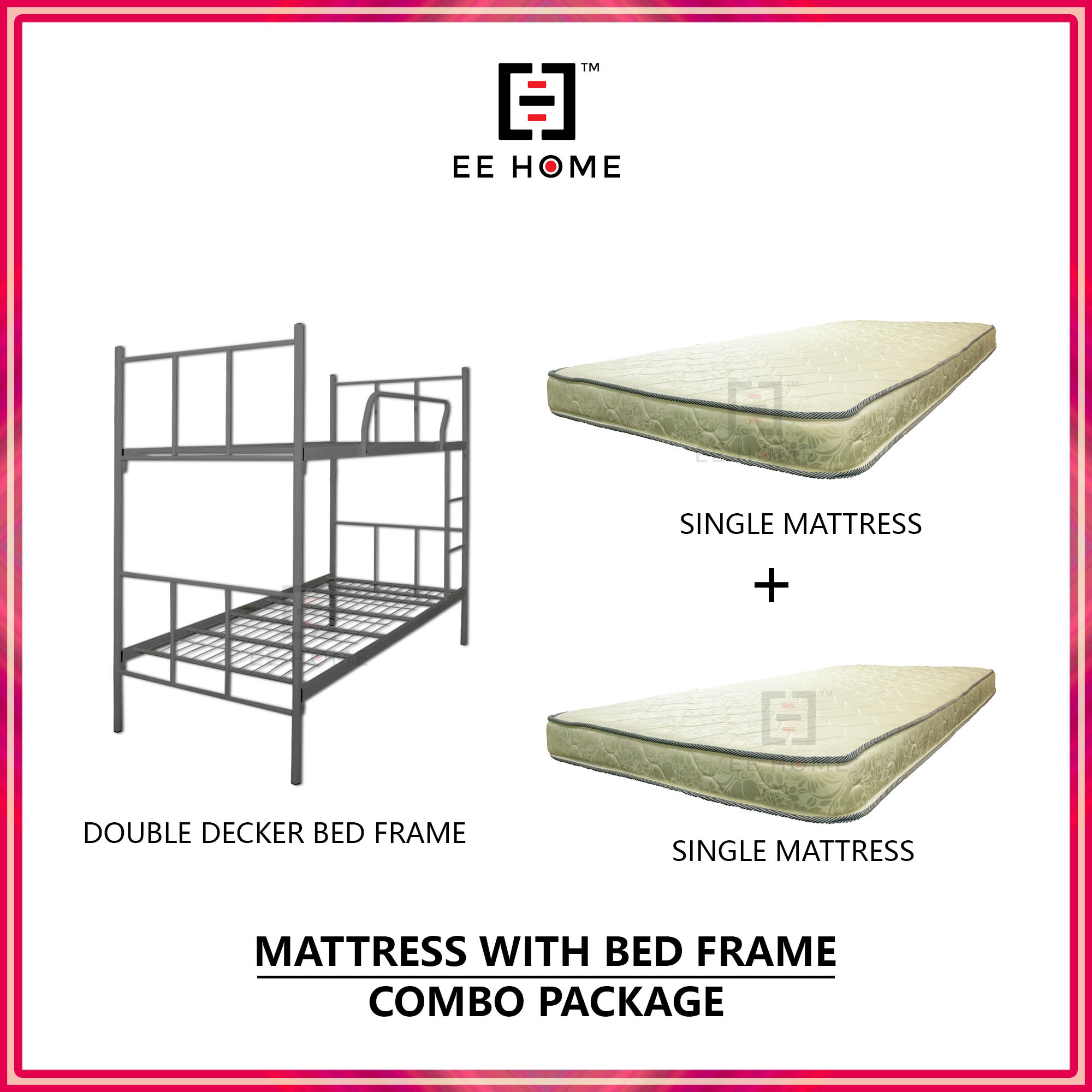 EE HOME SET Double Decker Bed Frame With 2 Mattress Single Mattress ...