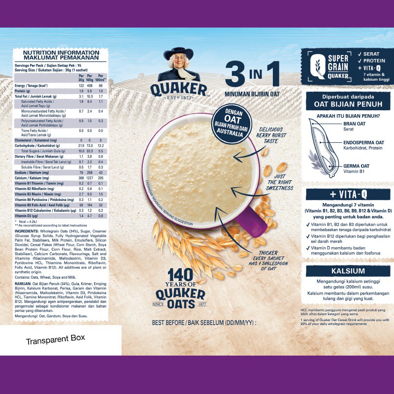 QUAKER 3 in 1 Oat Cereal Drink - Berry Burst (30g x 15's) / Quaker ...