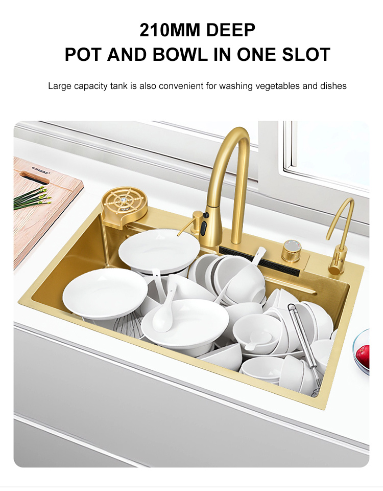 [BUY 1 FREE 10 GIFTS] Waterfall Kitchen Sink Gold 304 Stainless Steel ...