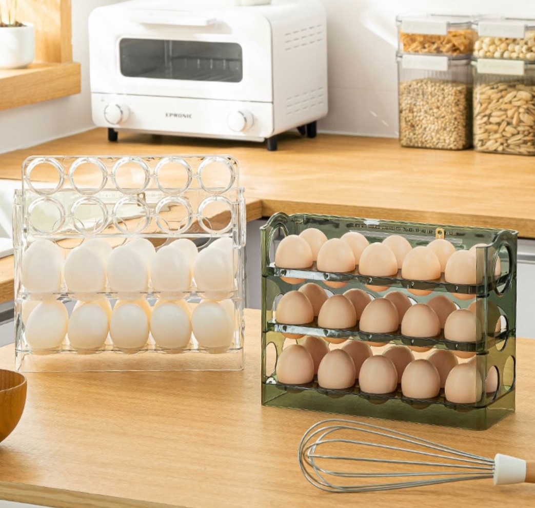 AVI 30-Grid 3 Layers Egg Storage Container Stackable with Auto Flip Egg ...