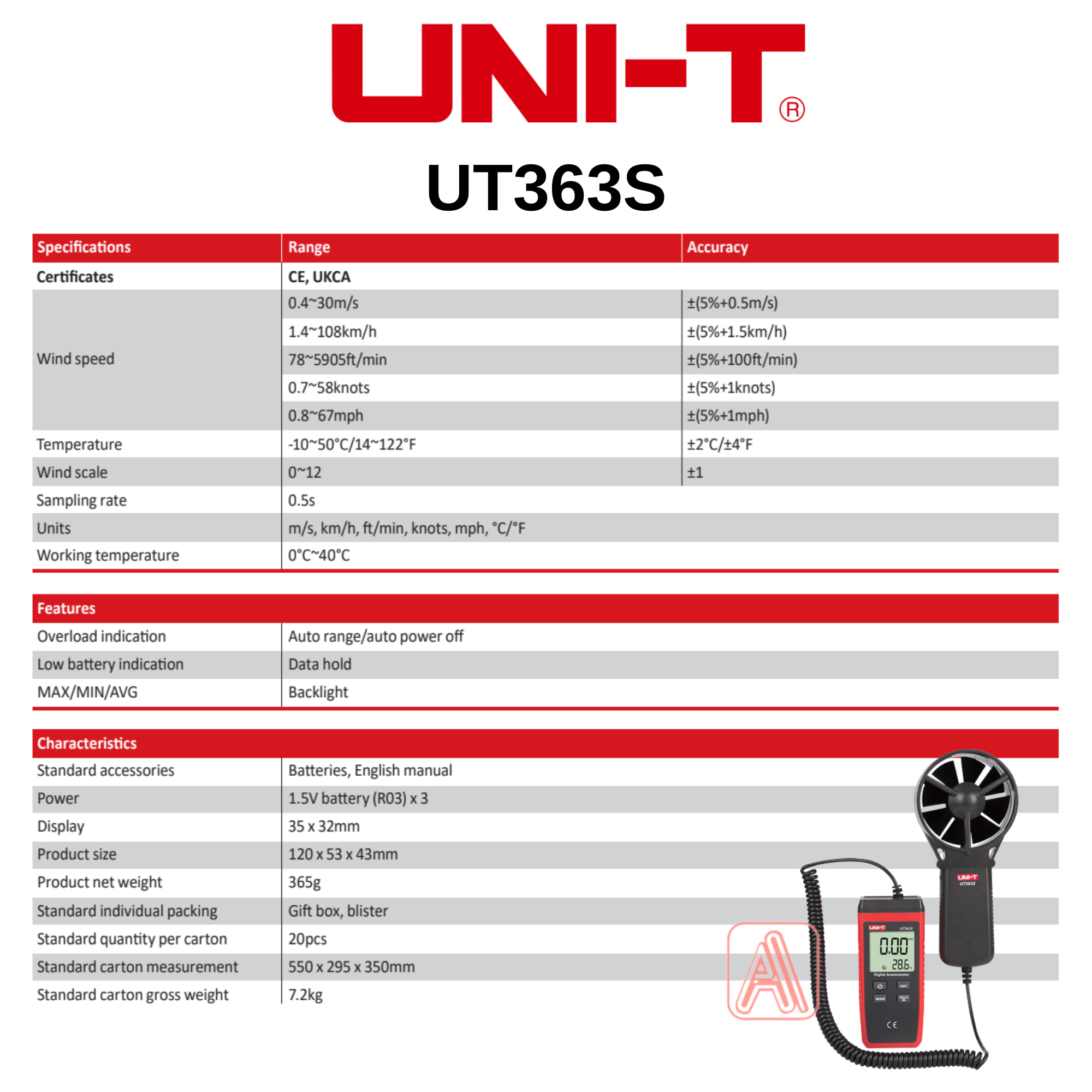UNI-T UT363 /UT363S -10°C~50°C Mini Wind Speed Anemometer 0~30m/s ...