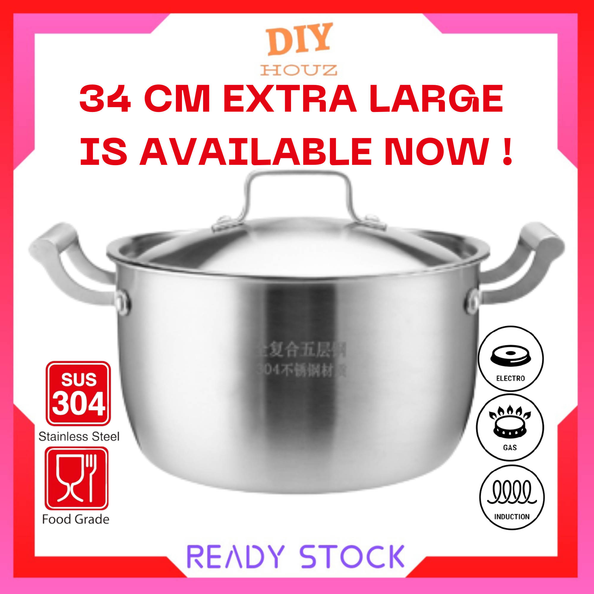 100% - SUS 304 # 5-PLY STAINLESS STEEL DOUBLE HANDLE SOUP POT WITH ...
