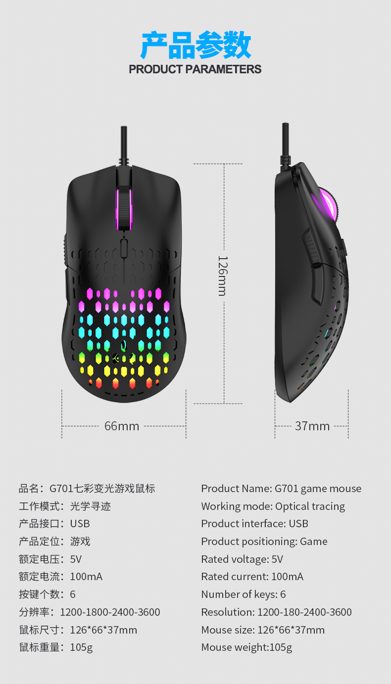 Raiku G701 Wired RGB Luminous Light Ergonomic Honeycomb Hollowing Gaming Mouse with Multimedia ...