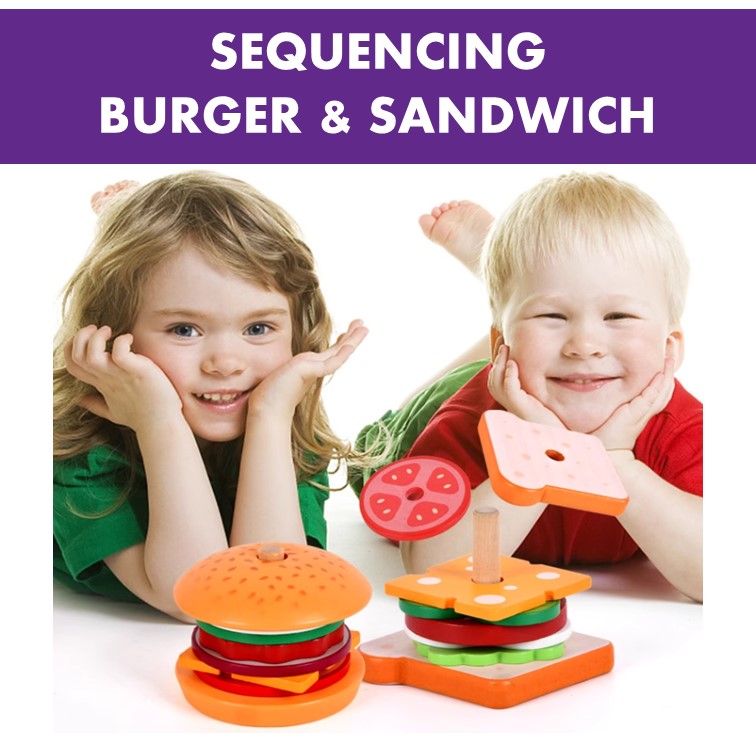 Stacking Burger Sandwich Toy Wooden Montessori Toy for kids Role Play ...