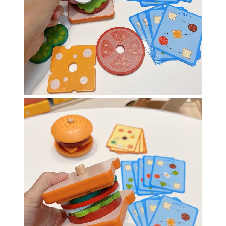 Stacking Burger Sandwich Toy Wooden Montessori Toy for kids Role Play ...
