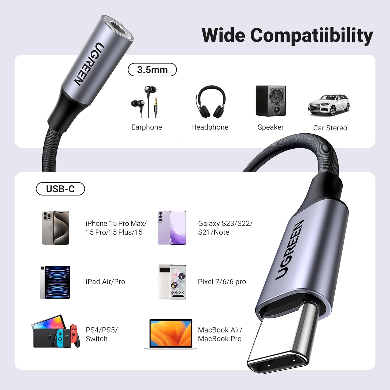 UGREEN USB C to 3.5mm Jack Earphone Cable Headphone Adapter Type C AUX USB C Audio Mic Adapter ...