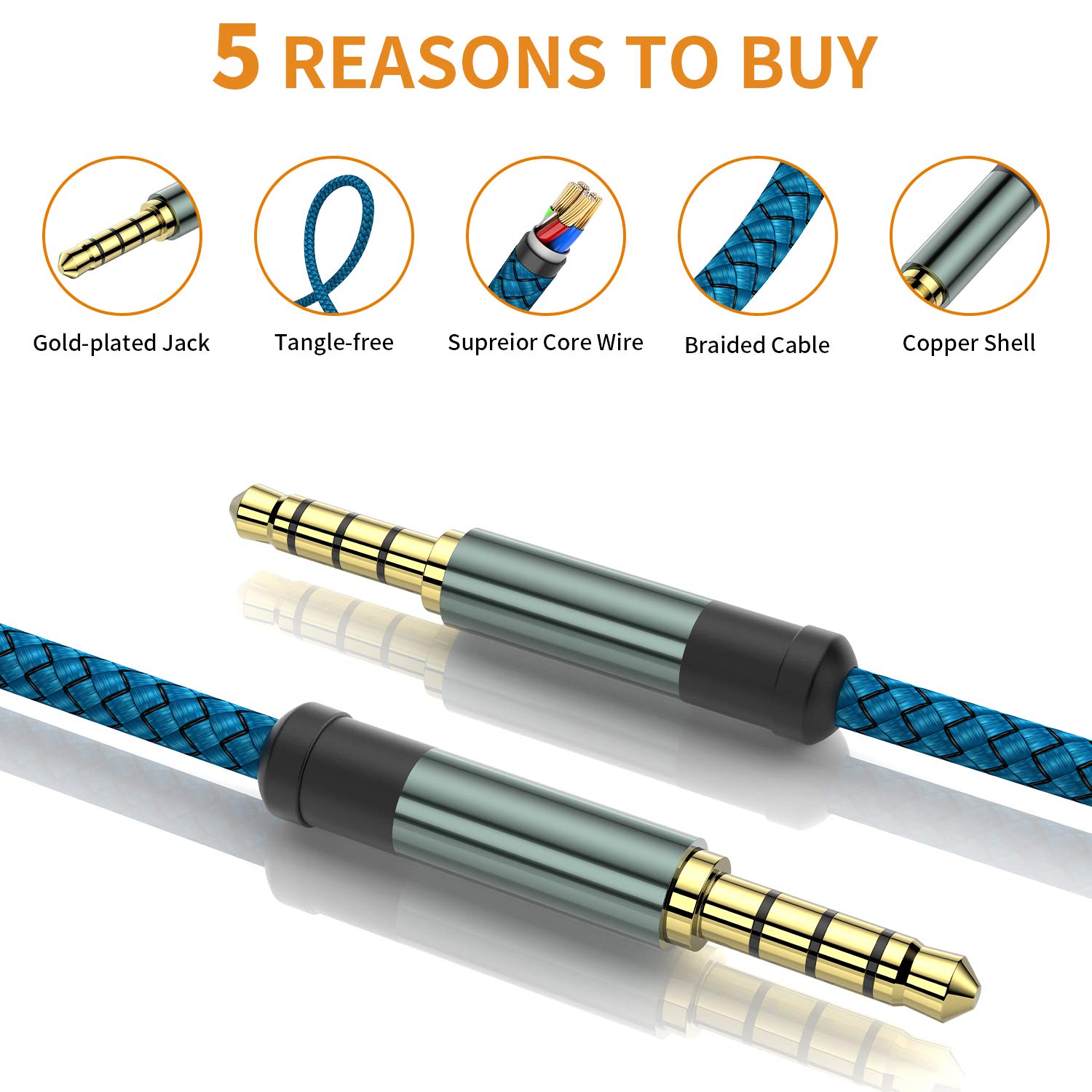 1.5M/3M/5M/10M Gold-Plated Stereo Audio Aux Cable 3.5mm Male to Male 3 ...