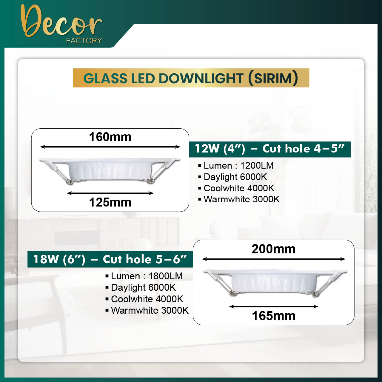 LED Downlight Glass Recess 12W 18W Round Square LED Recessed Light Down ...