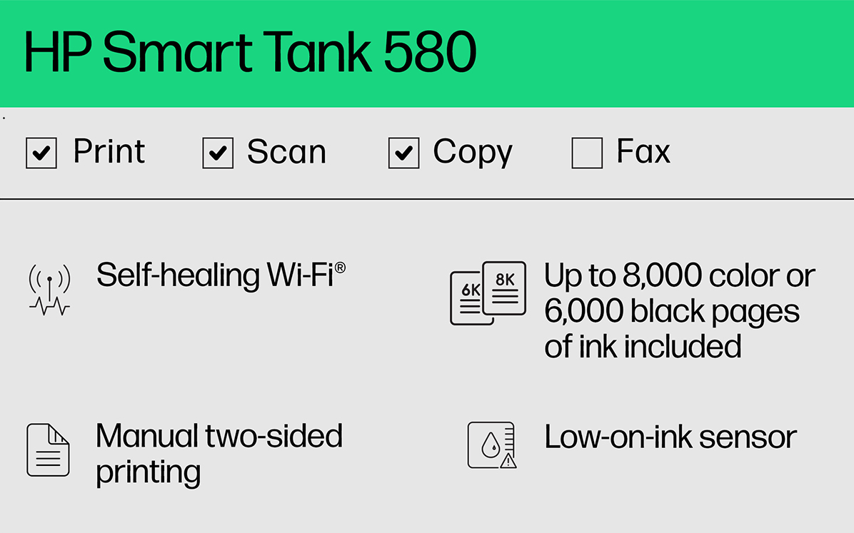 HP Smart Tank 580 All-in-One Color Ink Tank Printer, Wireless Printer ...
