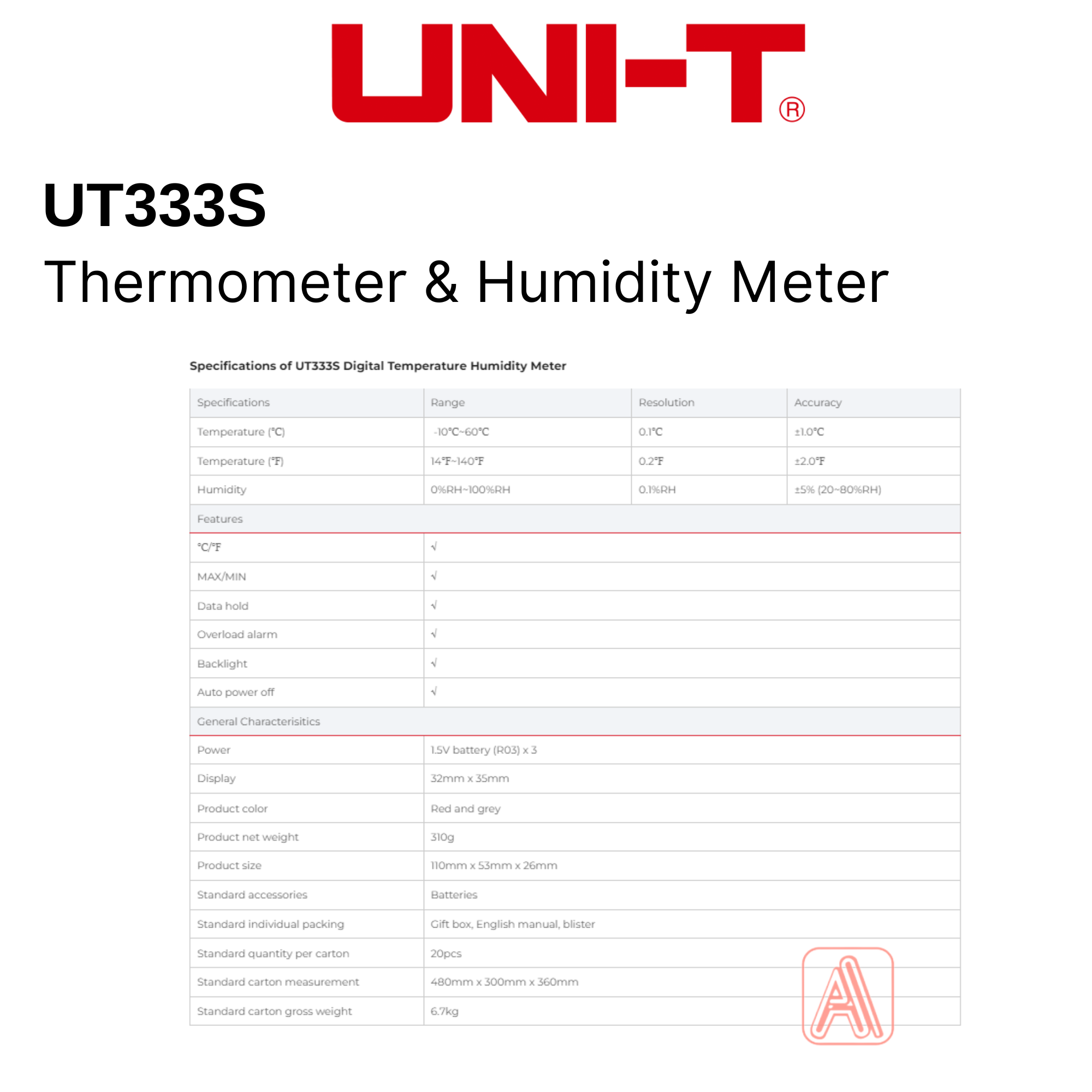 UNI-T UT333 / UT333S -Temperature and Humidity Meter Humidity ( -10°C ...